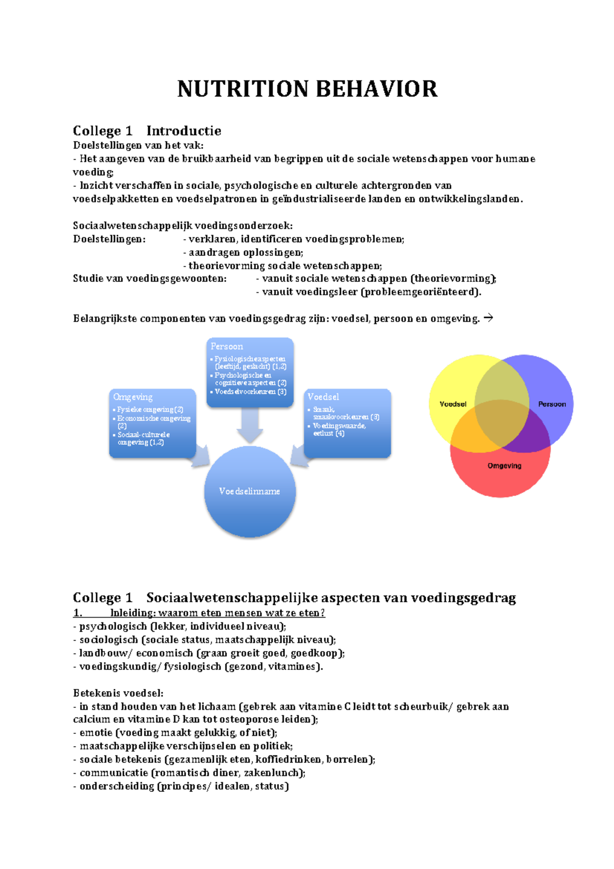 Samenvatting colleges Nutrition Behaviour - NUTRITION BEHAVIOR College ...