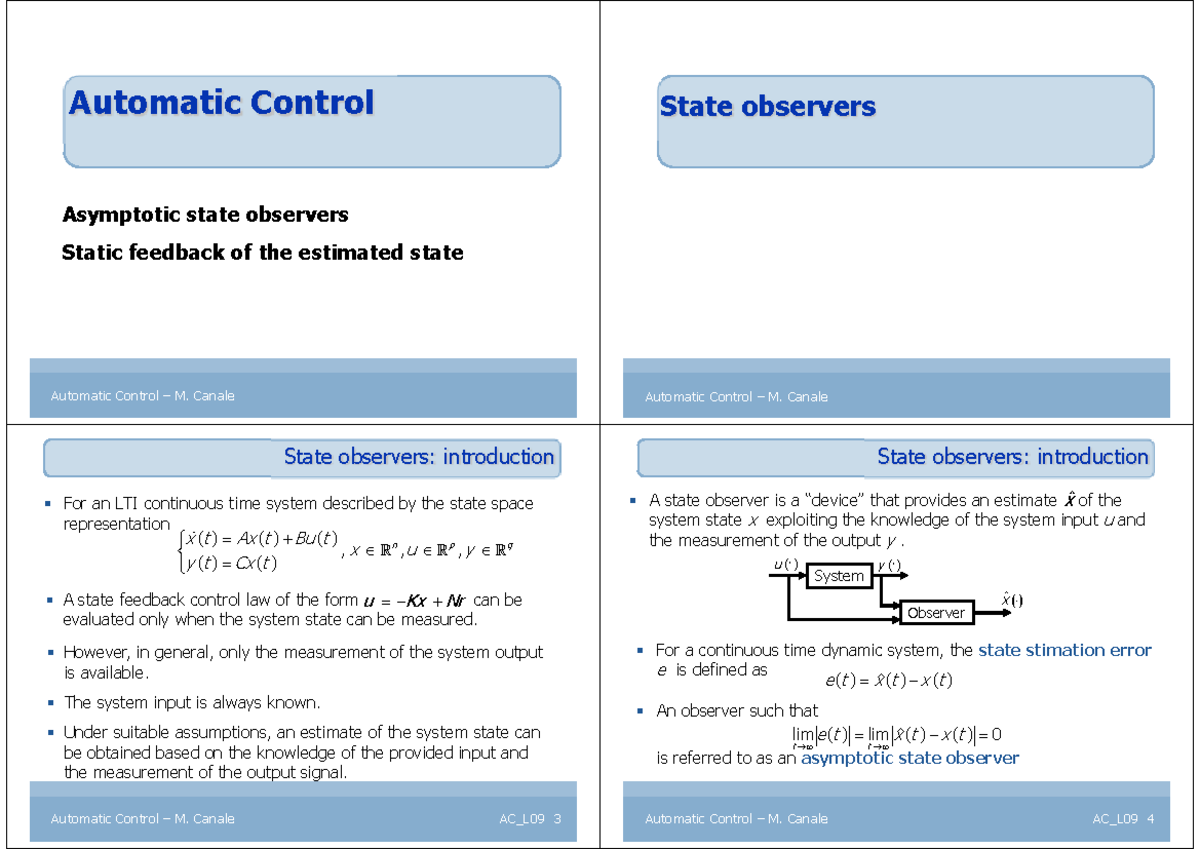 Automatic Control Notes Automatic Control Asymptotic State Observers Static Feedback Of The