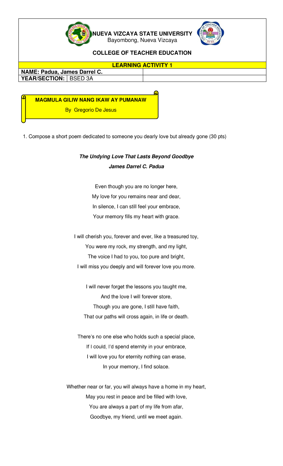 Darrel Requirements IN PHIL LIT - Compose a short poem dedicated to ...