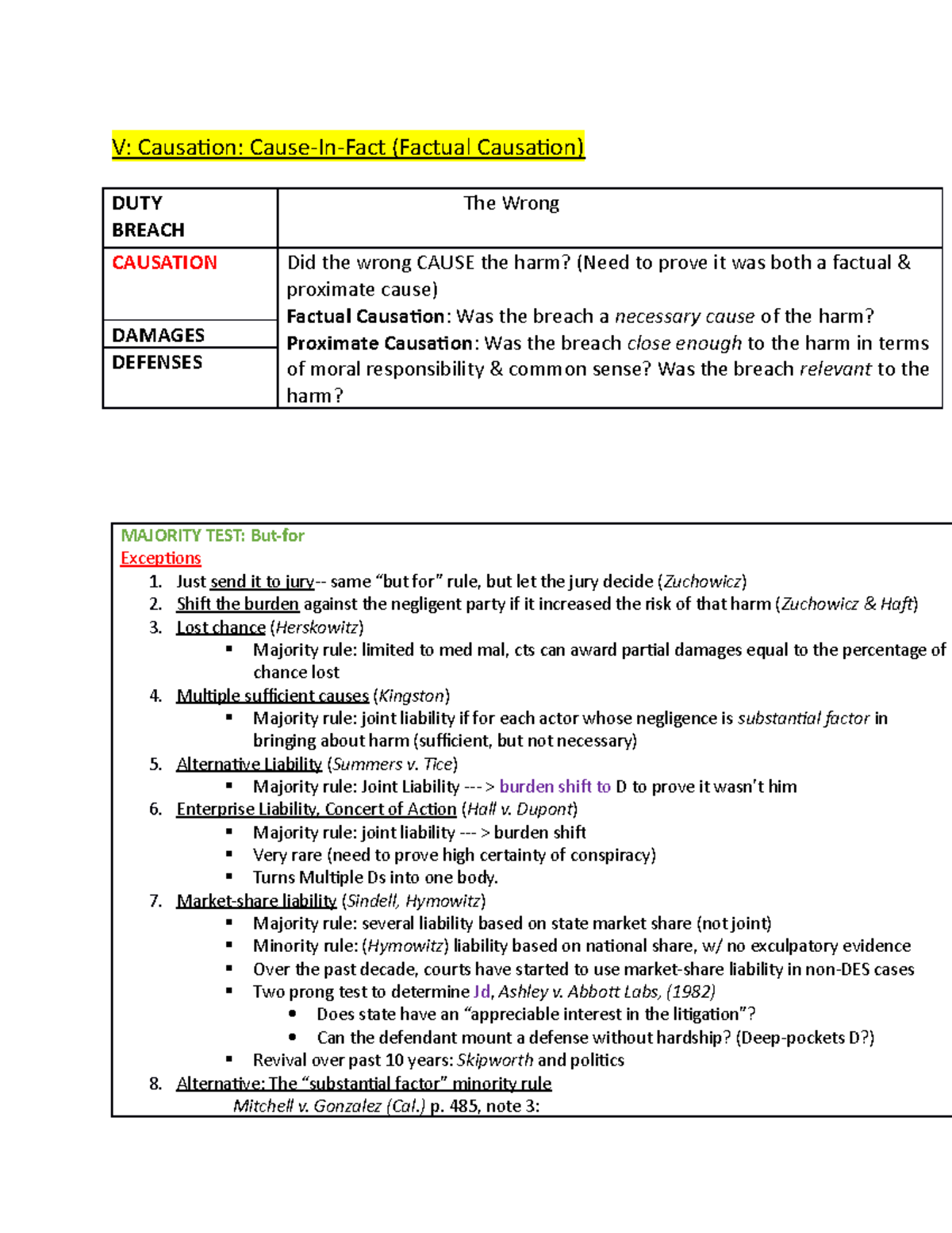Torts Law - Professor Bush - V: Causation: Cause-In-Fact (Factual ...
