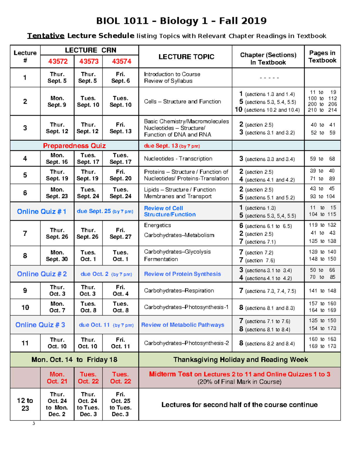 BIOL1011-F2019-Lecture Schedule - BIOL 1011 – Biology 1 – Fall 2019 ...