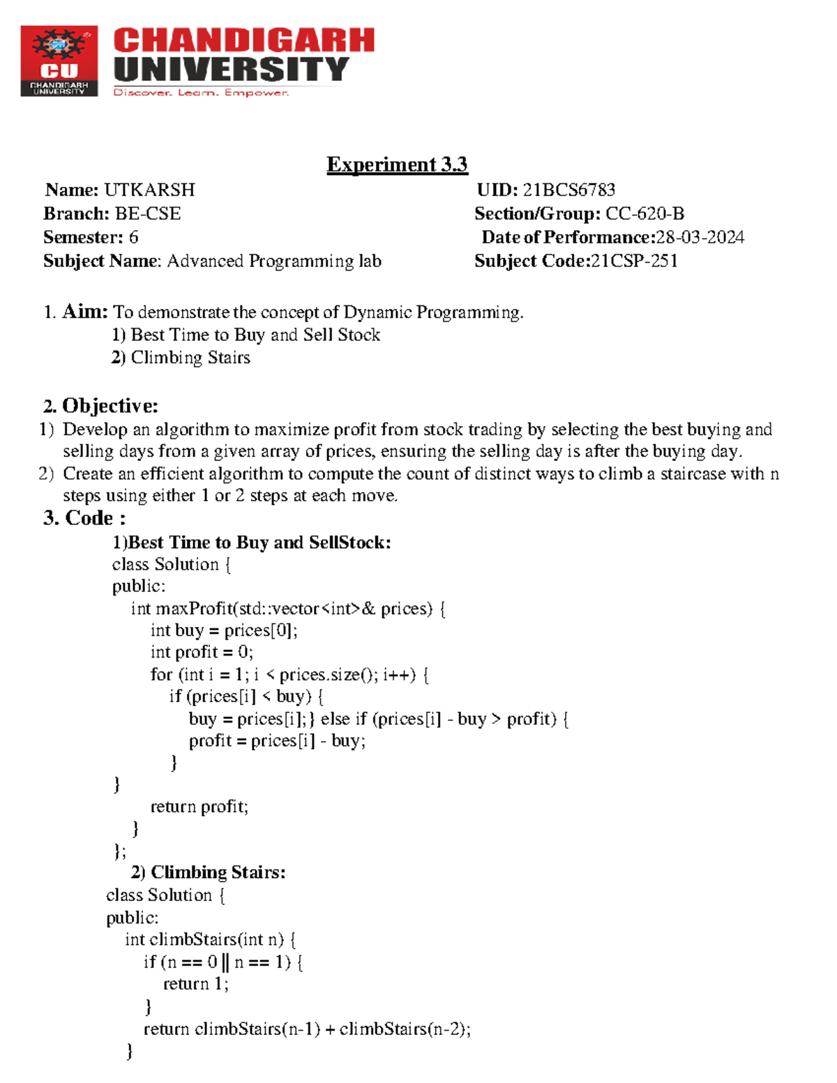 AP 3 - mv;lnv;wnv - Name: UTKARSH Branch: BE-CSE Semester: 6 Experiment 3. UID: 21BCS 6783 - Studocu
