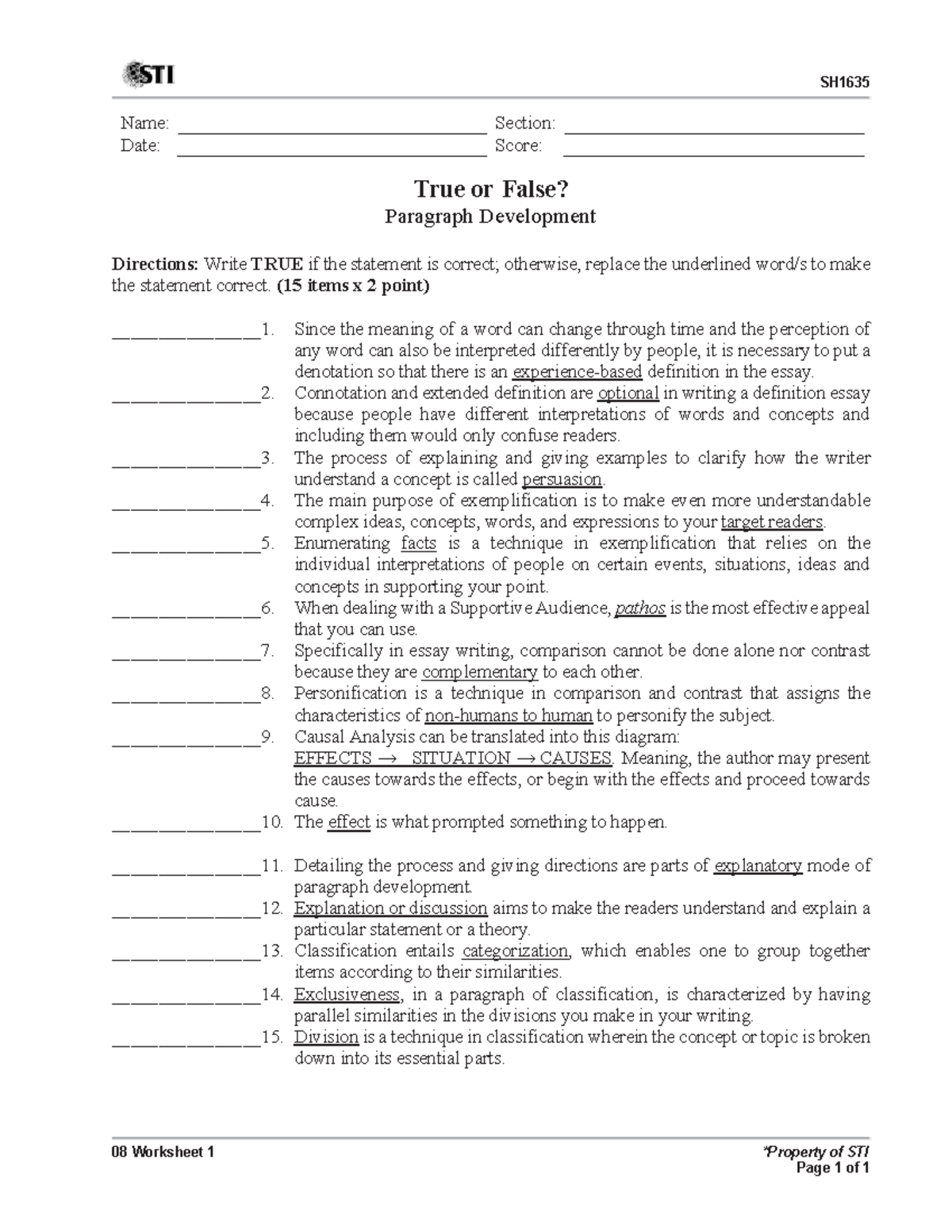SH1635 - Reading and Writing Skills 08 Worksheet 1 - SH 08 Worksheet 1 ...