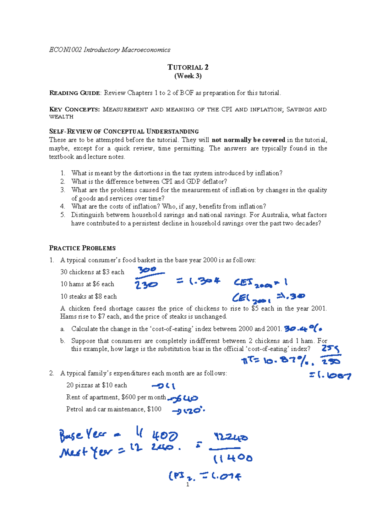 ECON1002 - Tutorial 2 with Solutions - ECON1002 Introductory Macroeconomics T UTORIAL 2 (Week 3 ...