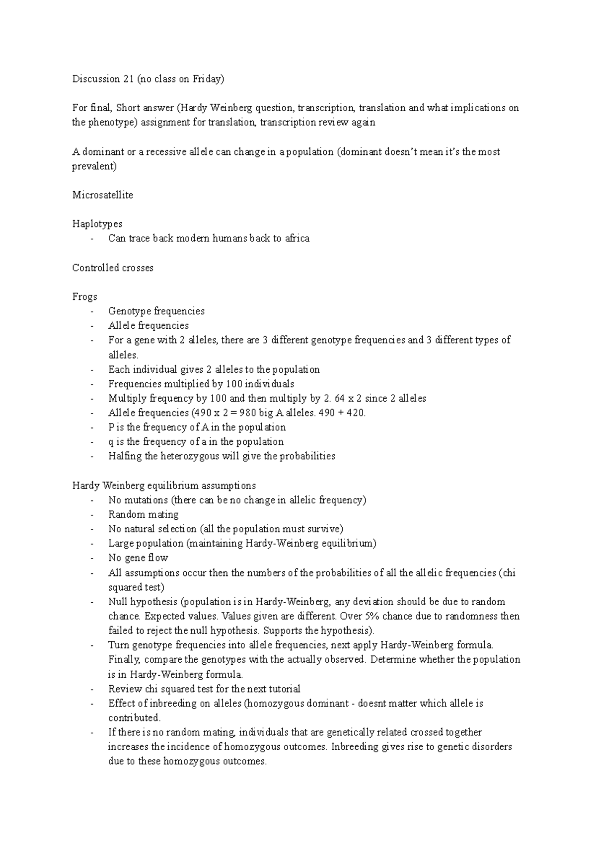 Population genetics lecture notes - Biol 261 - Concordia - Studocu
