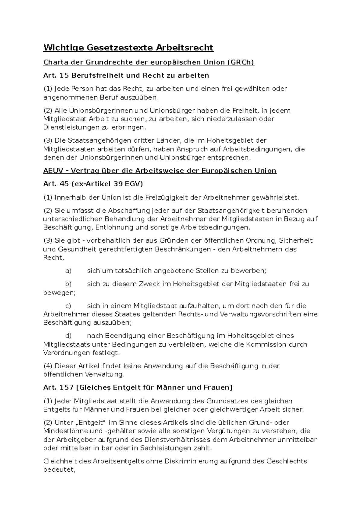 Wichtige Gesetzestexte Arbeitsrecht - 15 Berufsfreiheit und Recht zu ...