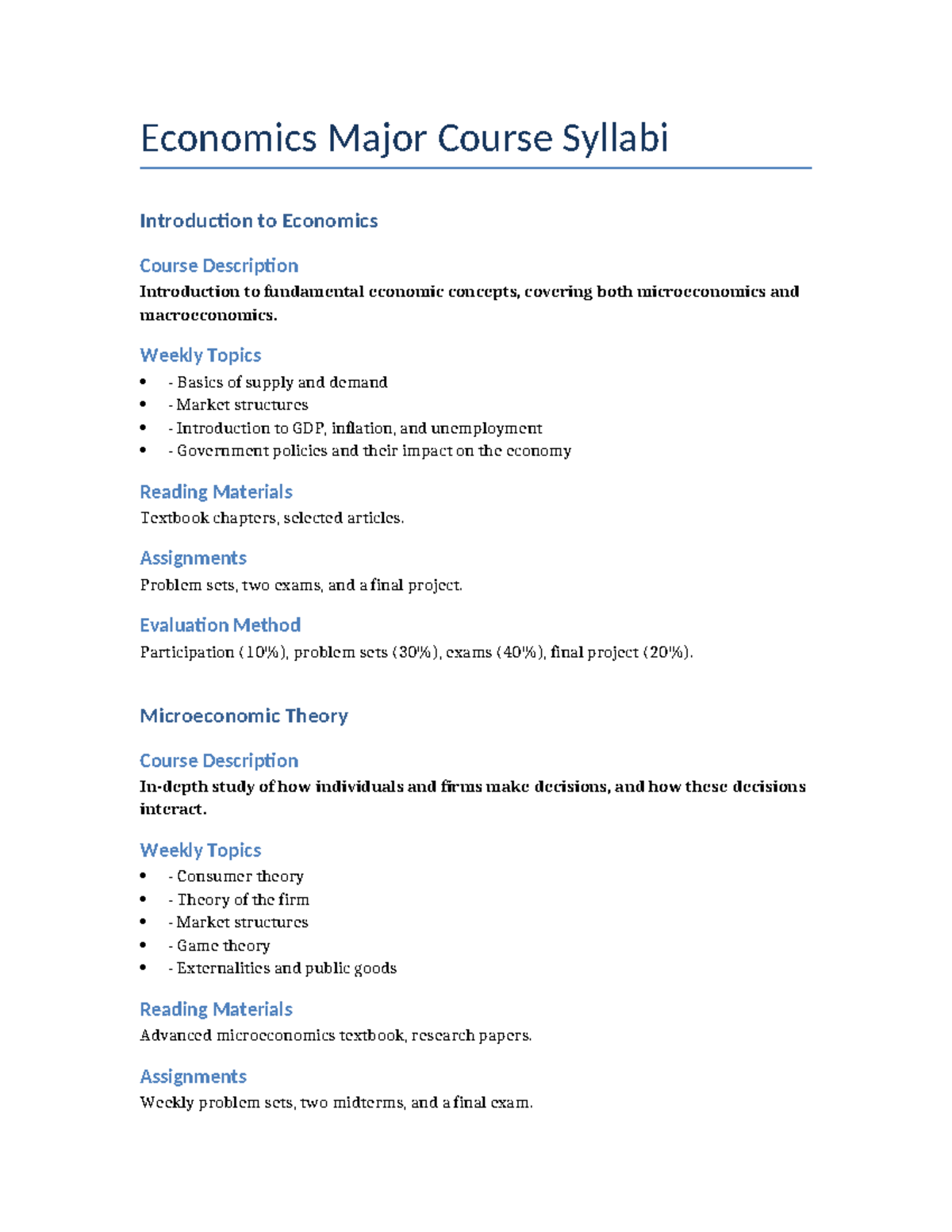 Economics Major Course Syllabi - Economics Major Course Syllabi ...