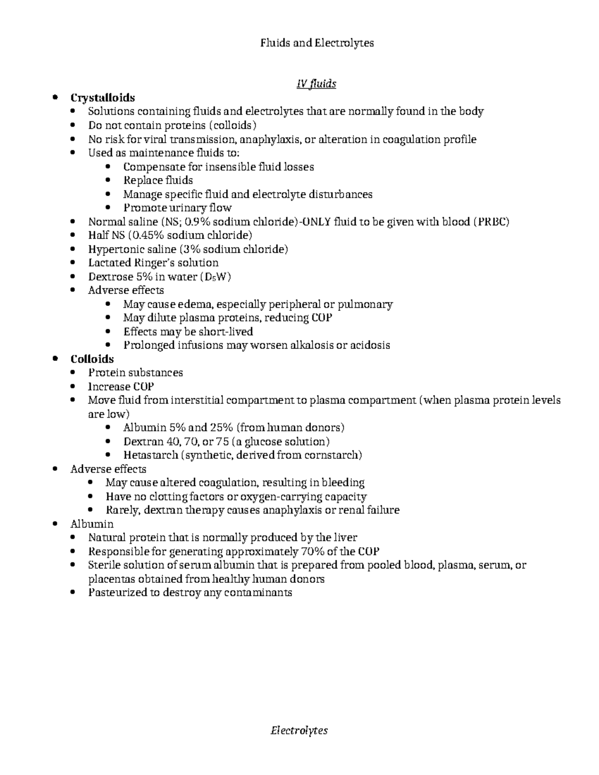 Fluids+and+Electrolytes+Handout - Fluids and Electrolytes IV fluids ...