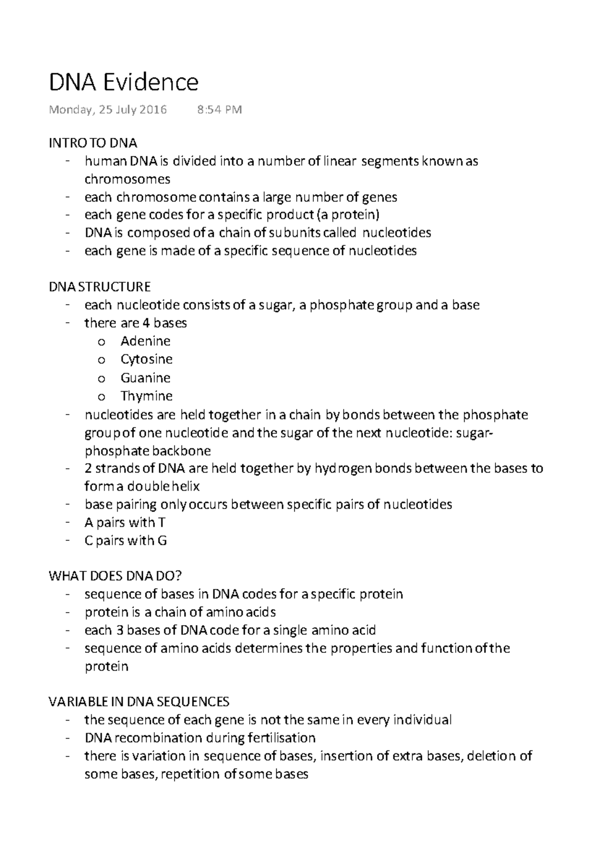 L5 - DNA Evidence - DNA Evidence Monday, 25 July 2016 8:54 PM INTRO TO ...