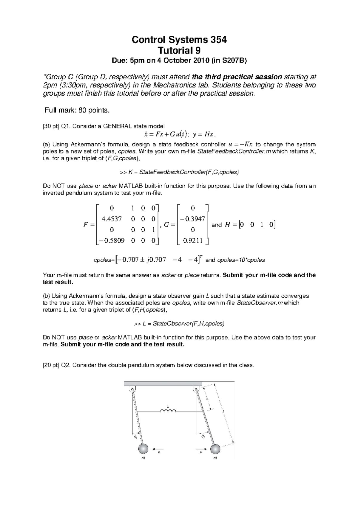 Control Systems 354 Tut 9 2010 - Control Systems 354 Tutorial 9 Due ...