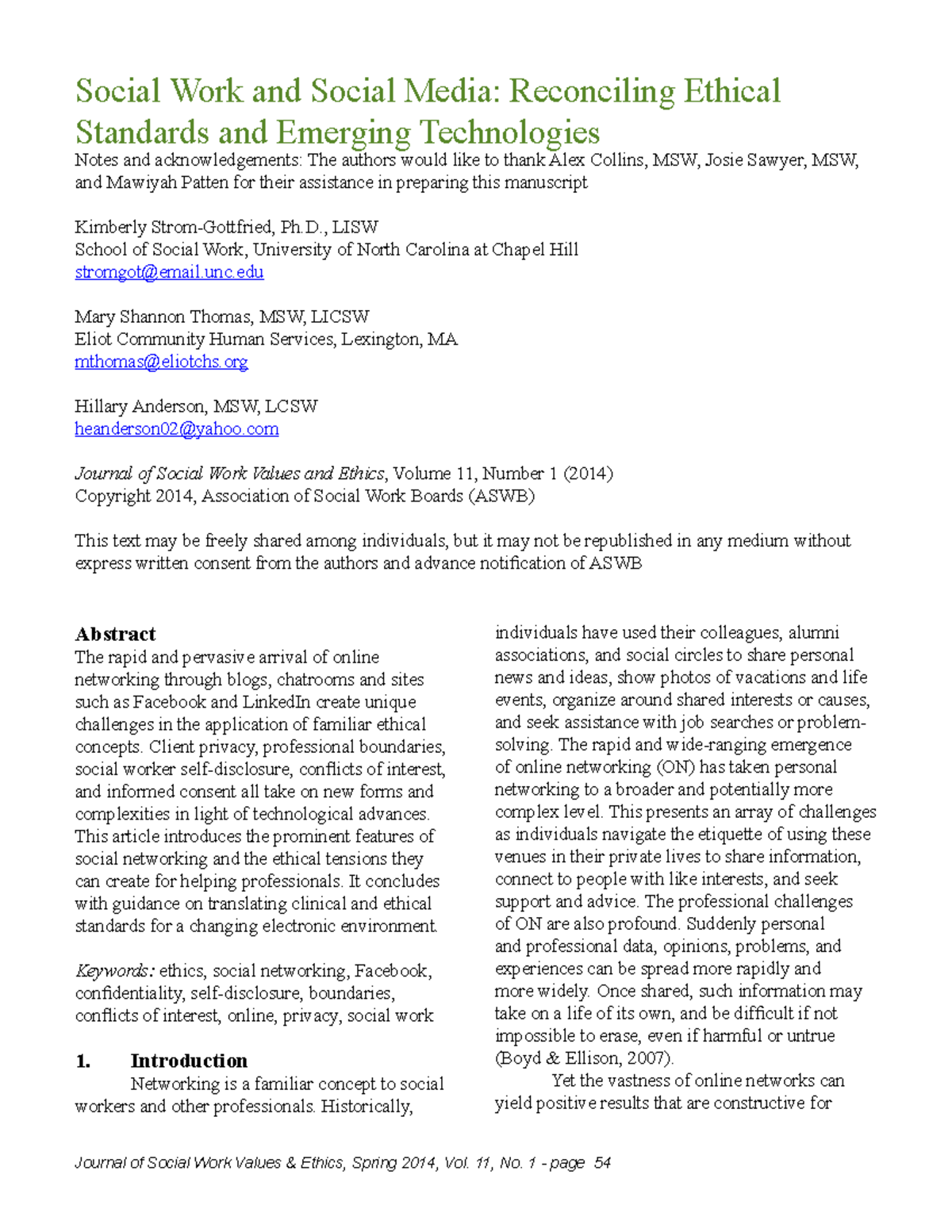 Strom-Gottfried et al., 2014 - Social Work and Social Media ...