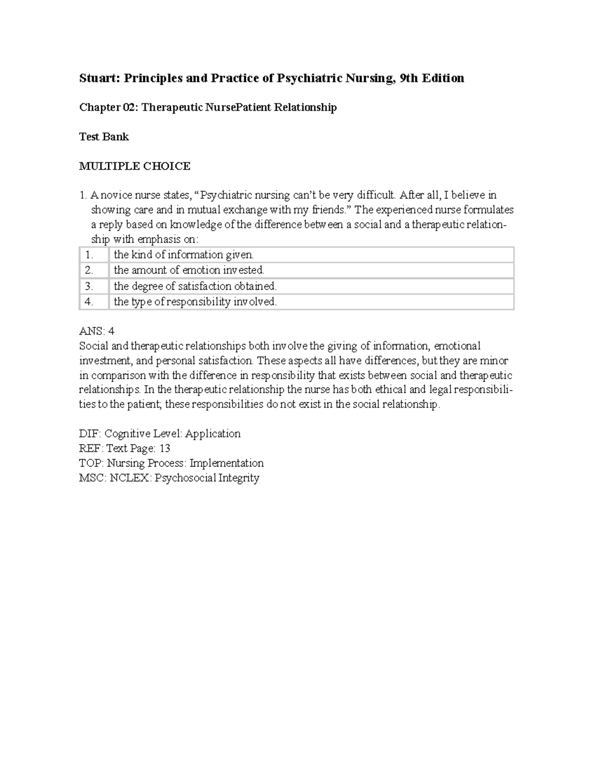 Test bank principles and practice of psychiatric nursing 9th edition ...