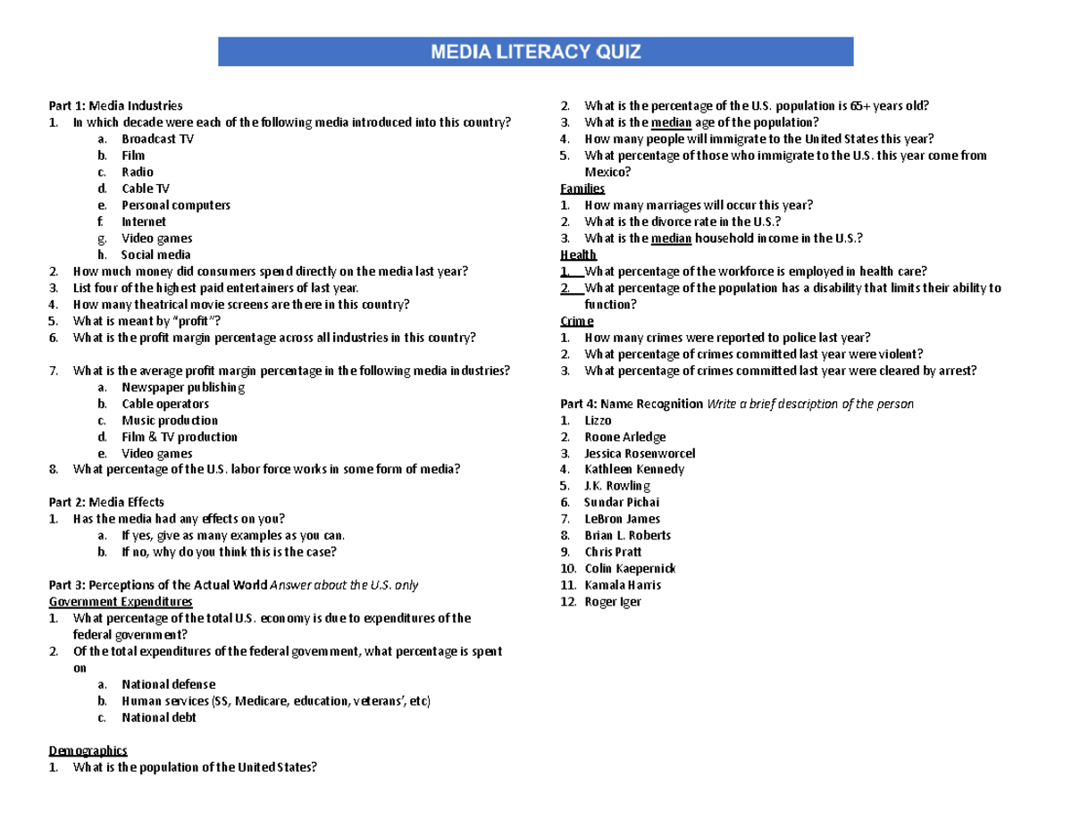 Media+Quiz+F21 - This is a media lit quiz. - Part 1: Media Industries ...