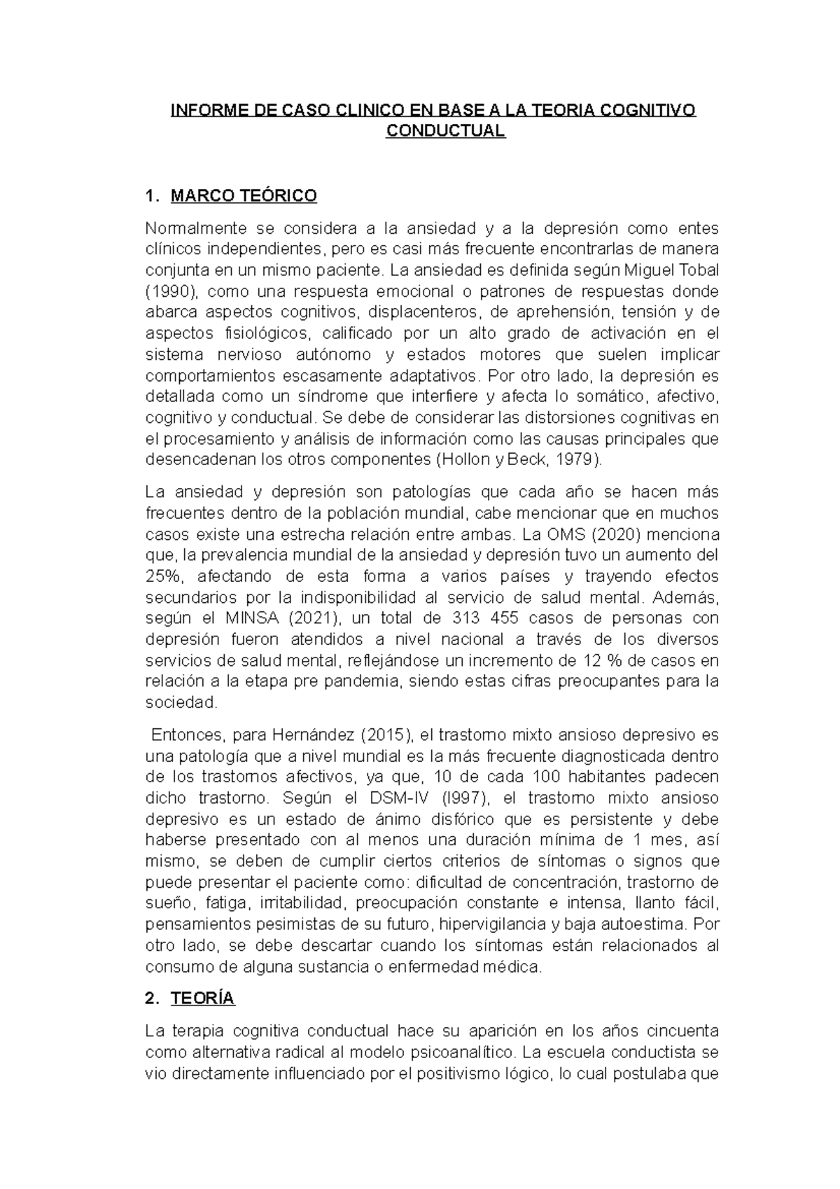 Final EN BASE A LA Teoria TCC - INFORME DE CASO CLINICO EN BASE A LA ...