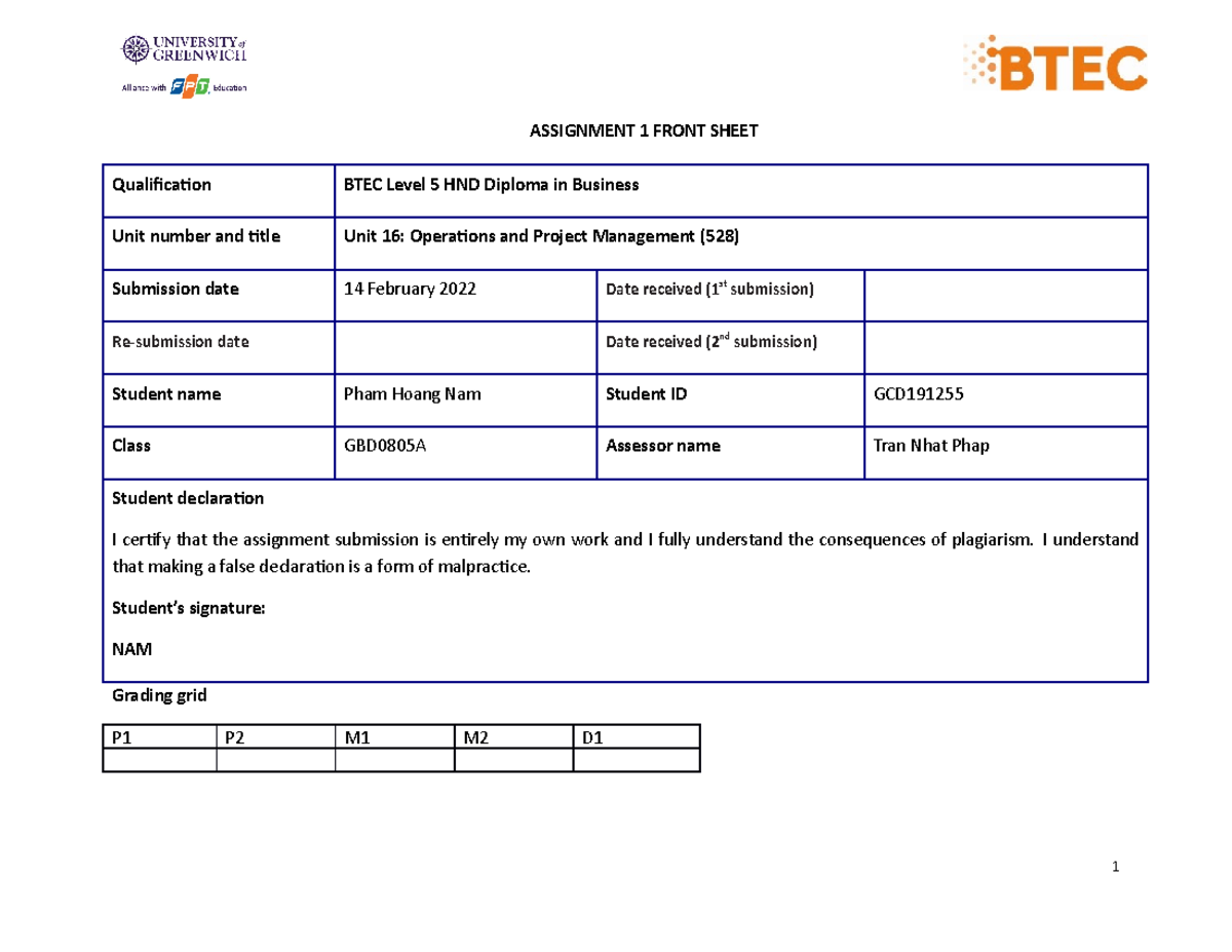 ASM1-528- Pham Hoang Nam -gcd191255-gbd0805A - ASSIGNMENT 1 FRONT SHEET Qualification BTEC Level ...