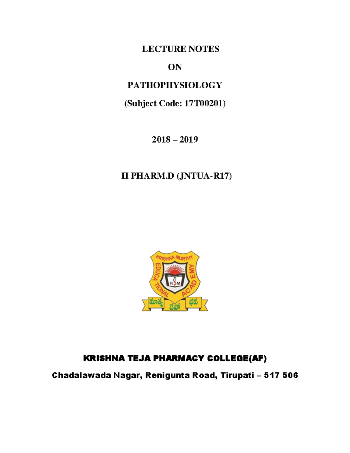 Patho Notes in detail - LECTURE NOTES ON PATHOPHYSIOLOGY (Subject Code ...