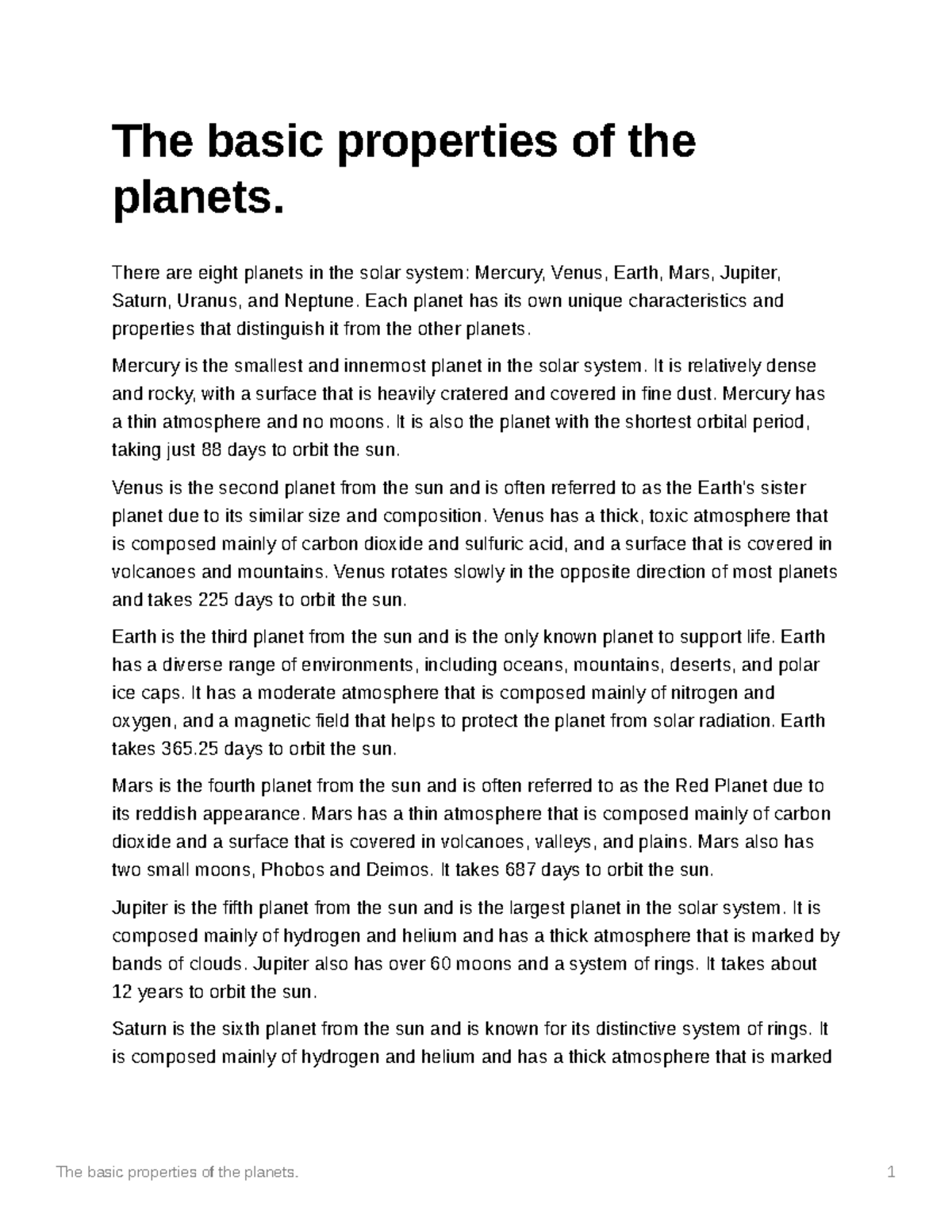 The basic properties of the planets - 1 The basic properties of the ...