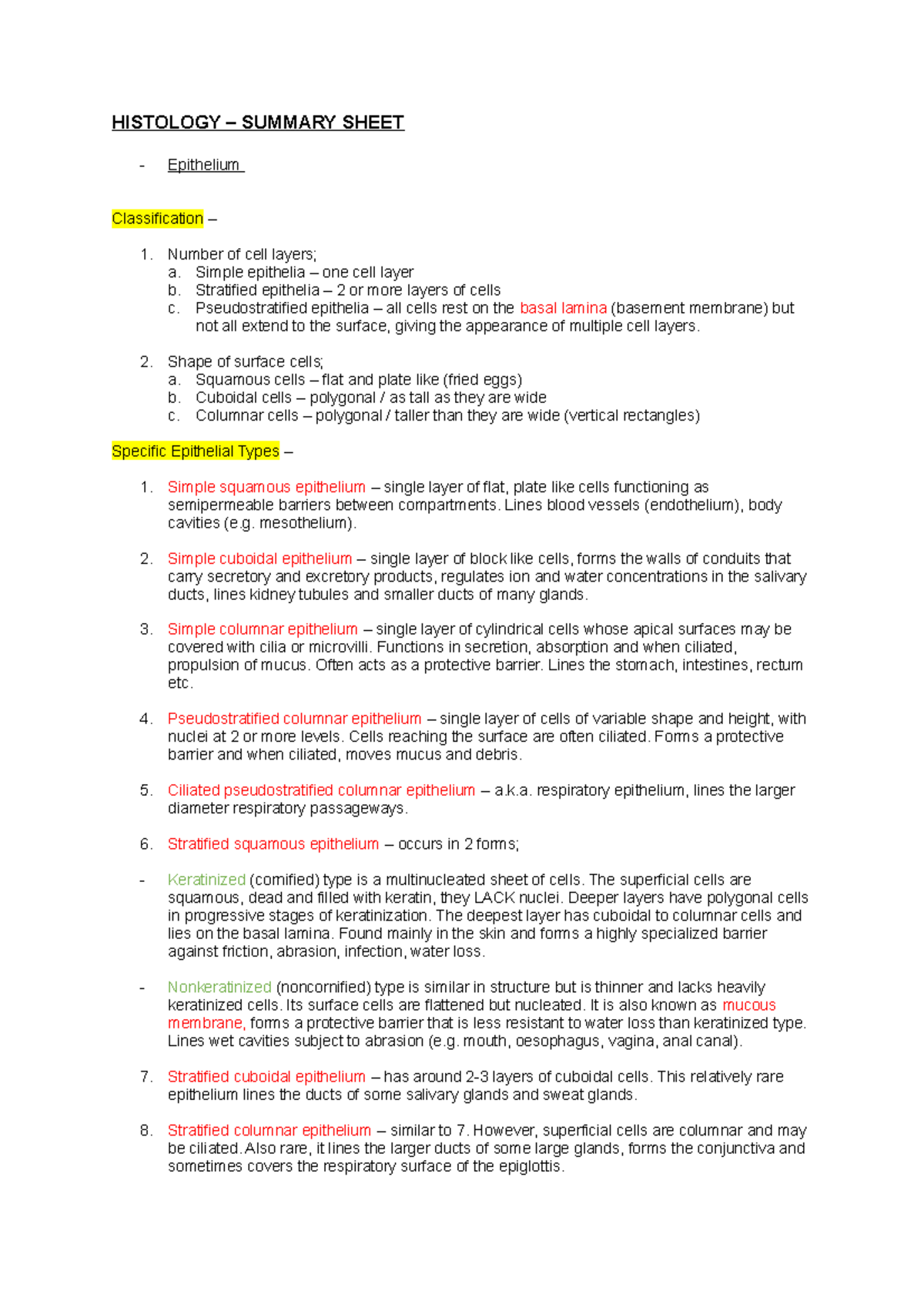 Histology – Summary Sheet - HISTOLOGY – SUMMARY SHEET - Epithelium ...