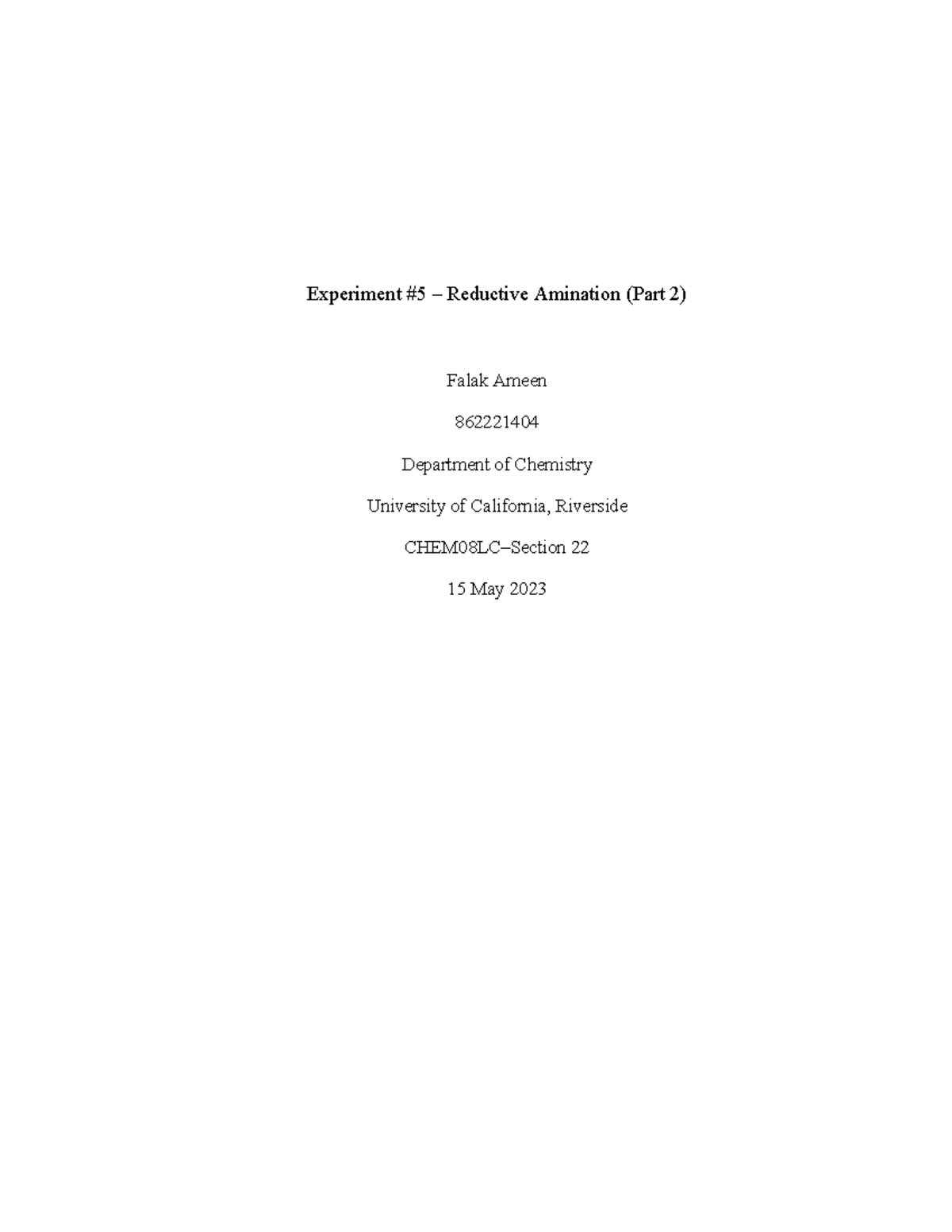 Post Lab 5 2 This Is A Post Lab Assignment For Lab 5 Experiment 5 Reductive Amination