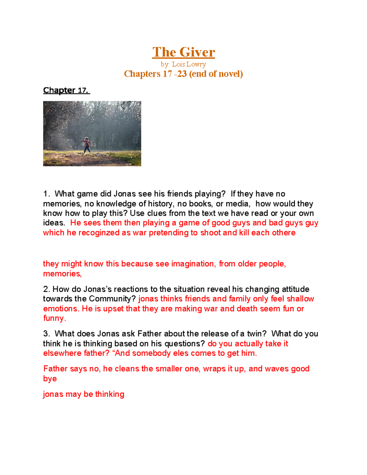 Copy of Giver 17-23 - $fffff - The Giver by: Lois Lowry Chapters 1 7 ...