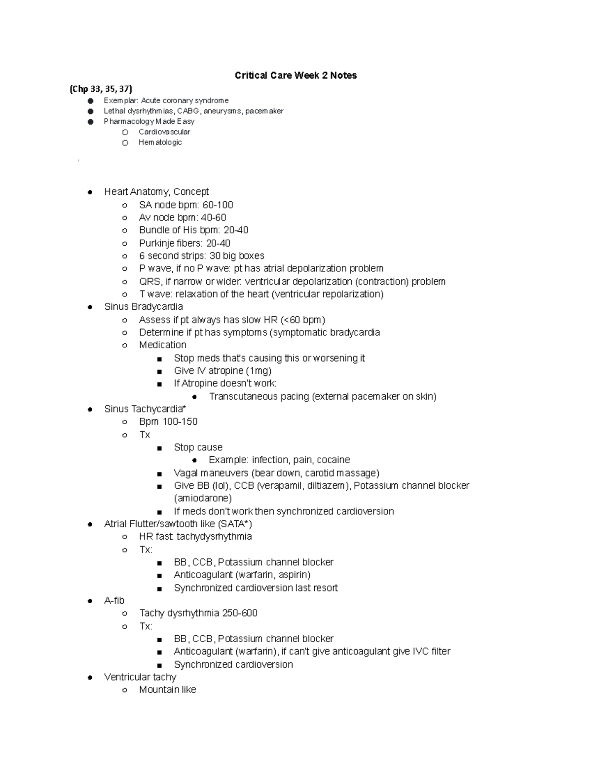 Week 2 - notes week 2 - Critical Care Week 2 Notes (Chp 33, 35, 37 ...