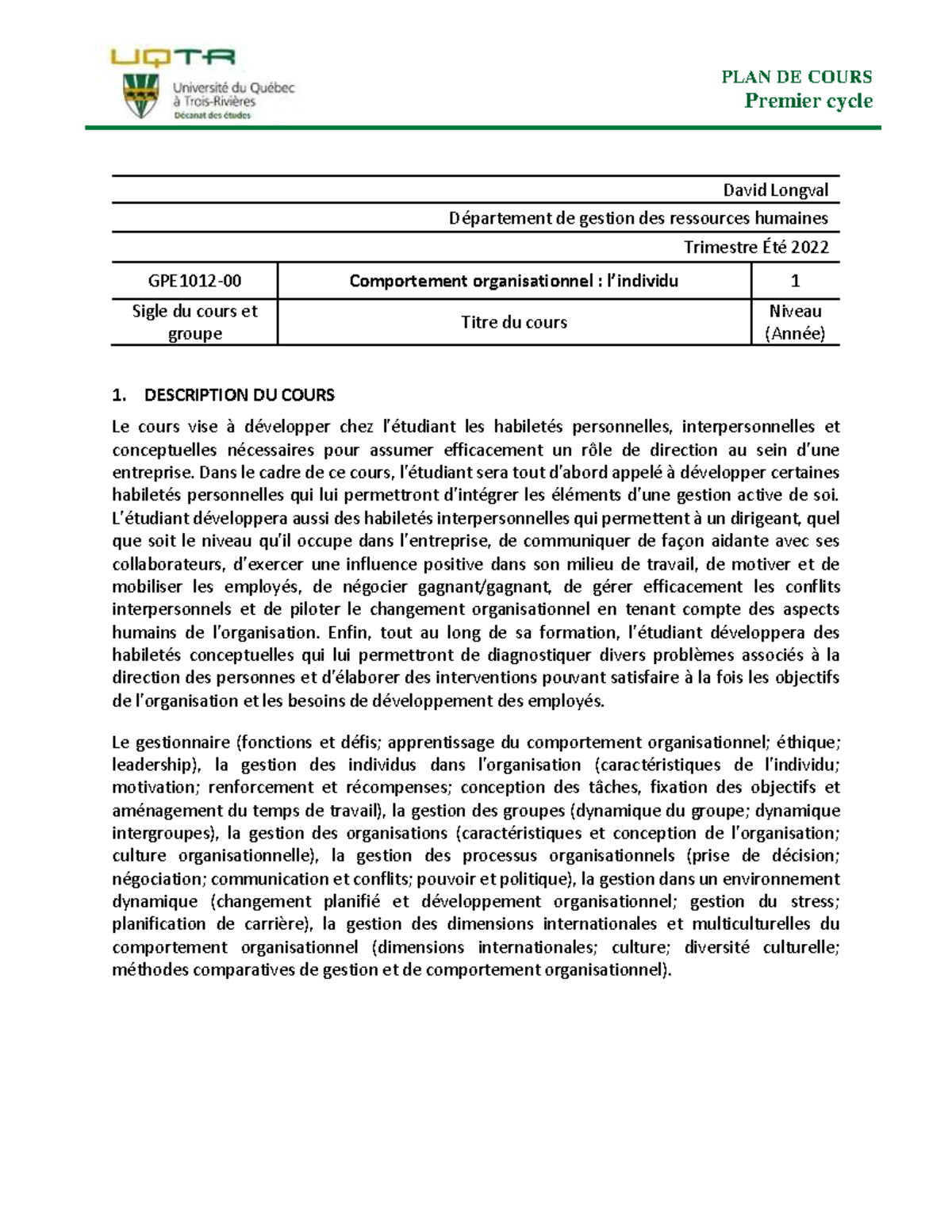 Plan de cours GPE1012-00 été 2022 - PLAN DE COURS Premier cycle David ...