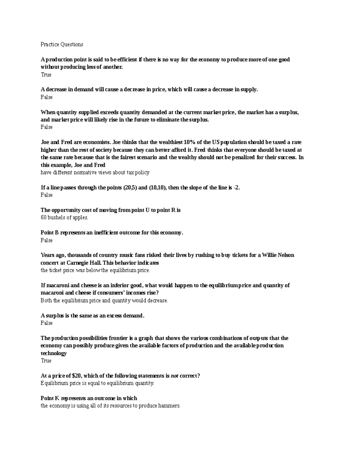 ECON 318 Review.docx - prep - Practice Questions A production point is ...