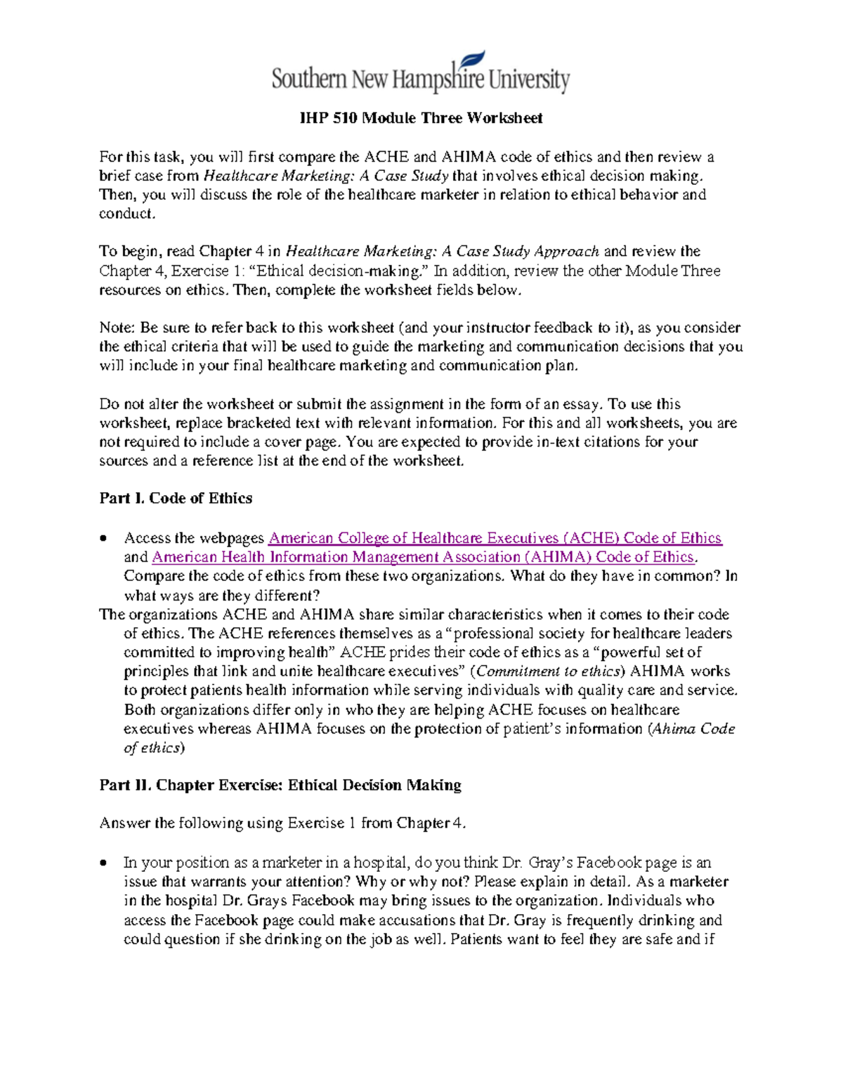 IHP 510 Module Three Worksheet - IHP 510 Module Three Worksheet For ...