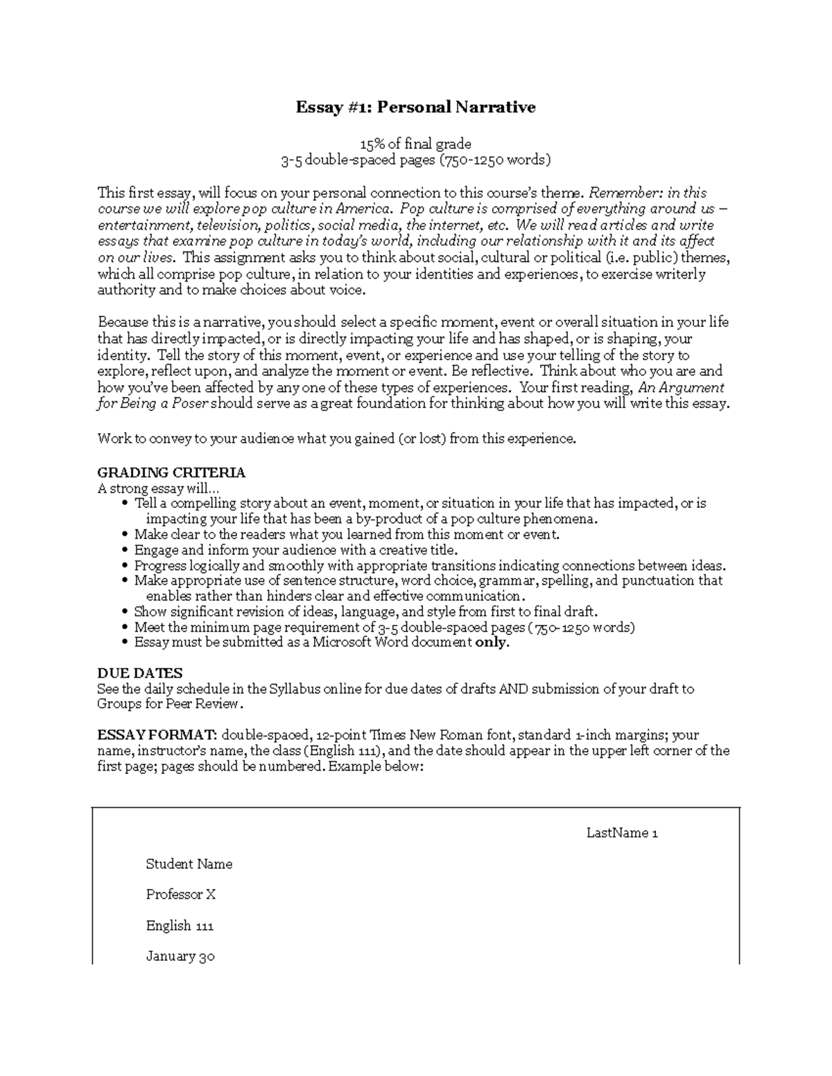 ENG 111 Personal Narrative Assignment Prompt Spring 2023 - Essay #1 ...