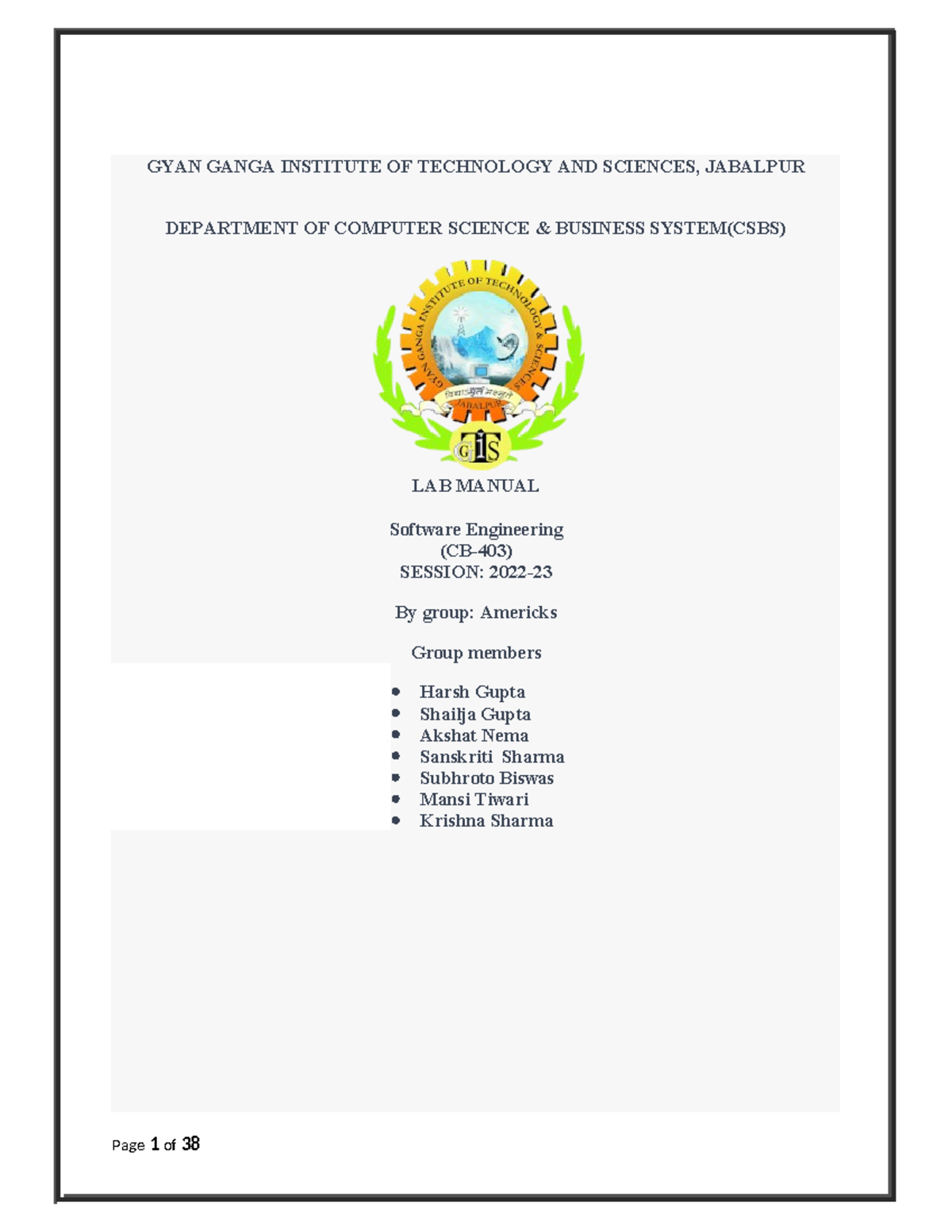 Software-engineering-lab-manual 4th Sem (CB403) - GYAN GANGA INSTITUTE OF TECHNOLOGY AND ...