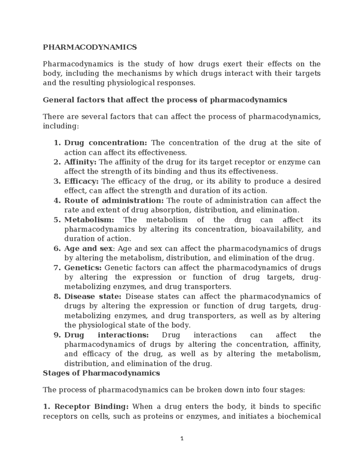 Pharmacodynamics - PHARMACODYNAMICS Pharmacodynamics is the study of ...