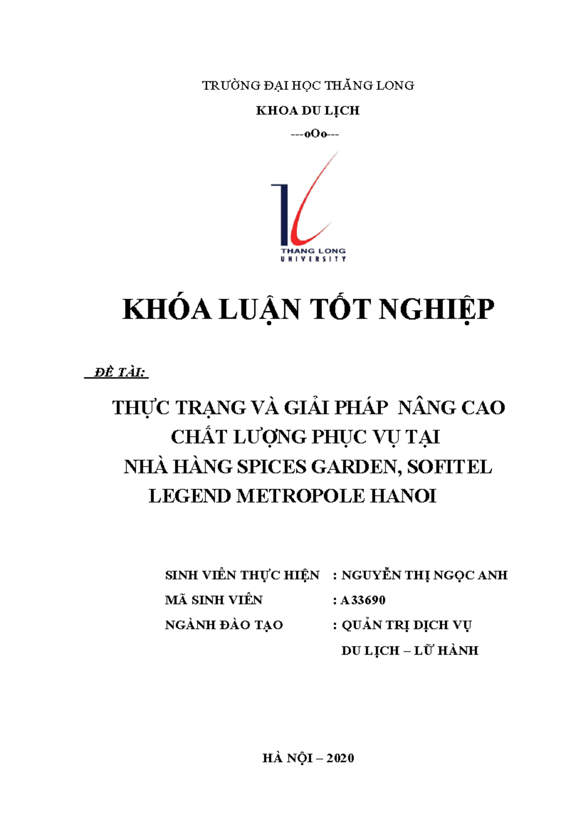 KLTN - hospitality - TRƯỜNG ĐẠI HỌC THĂNG LONG KHOA DU LỊCH -oOo- KHÓA ...