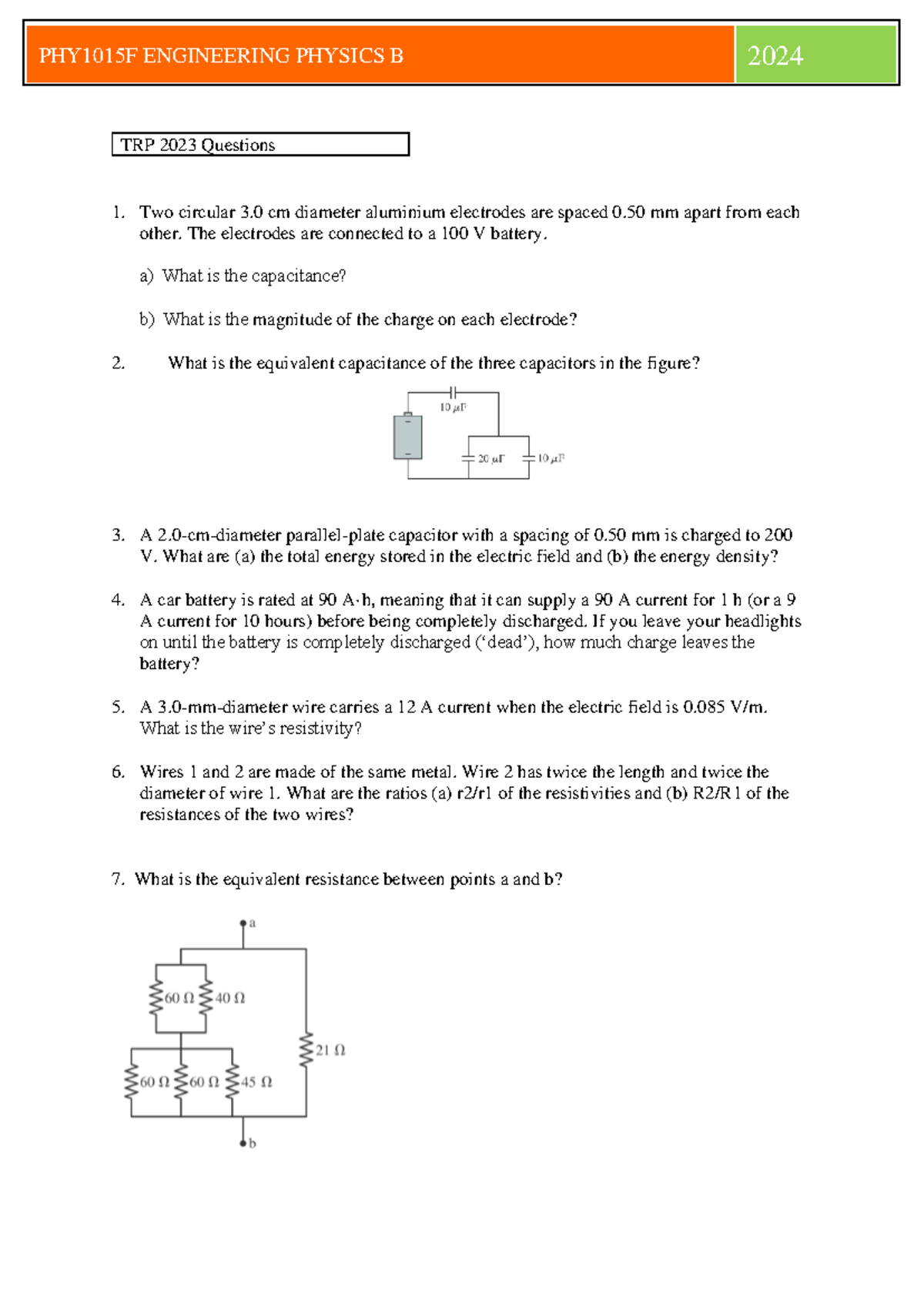 TRP TEST 2 Questions - This belongs to PHY1015which is the equivalent ...