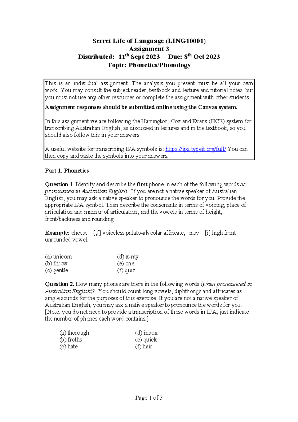Asst3-1 - Page 1 of 3 Secret Life of Language (LING10001) Assignment 3 ...