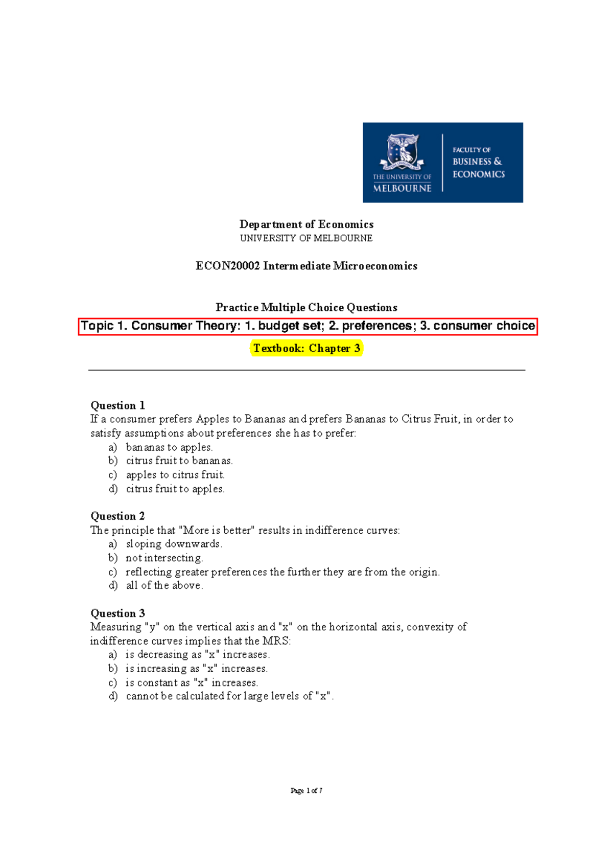 Ch.3 Consumer behaviour - Department of Economics UNIVERSITY OF ...