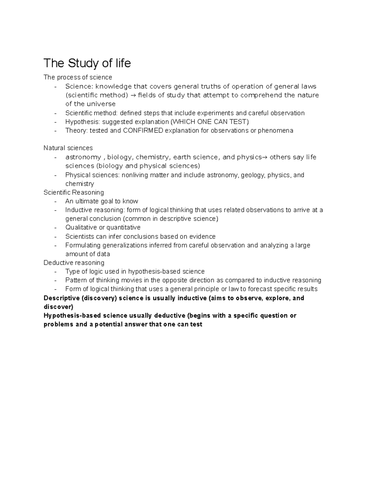 Chapter 1 notes - textbook outline - The Study of life The process of ...