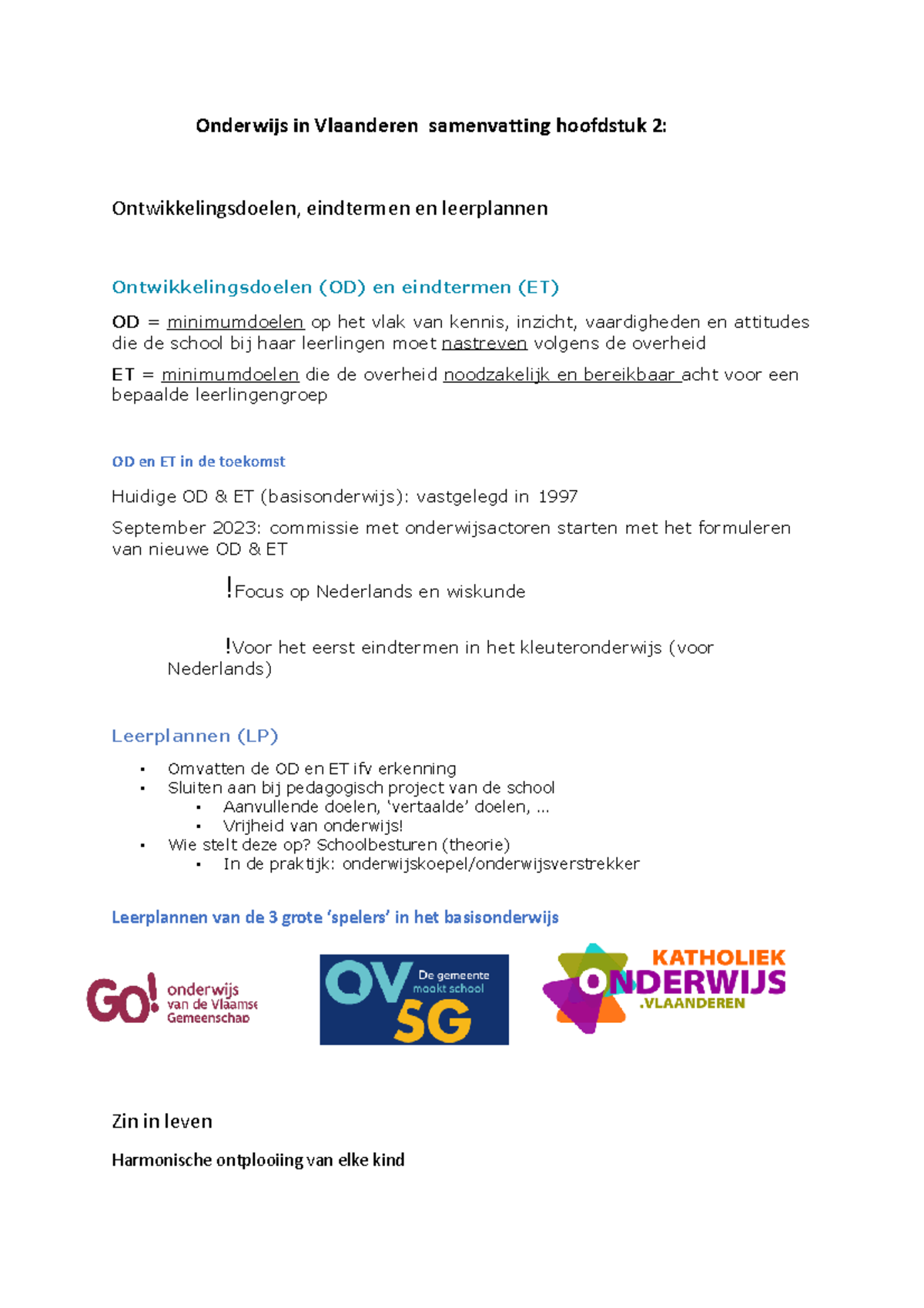 Onderwijs in vlaanderen samenvatting Hoofdstuk 2 - .. • Vrijheid van ...