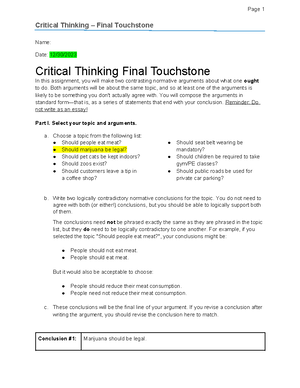 Critical Thinking Touchstone 4 - Critical Thinking – Final Touchstone Name: Devin Pollard Date ...