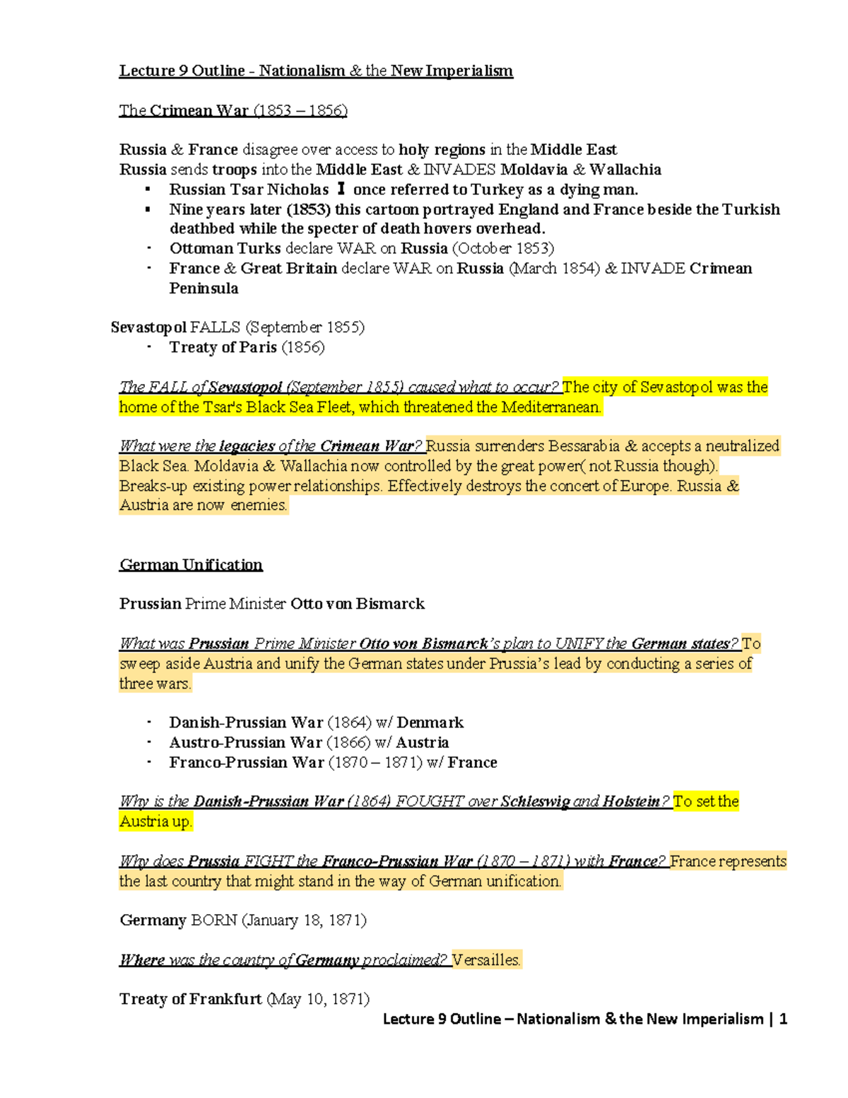 HIST 150 Lecture 9 Outline - Lecture 9 Outline - Nationalism & the New ...