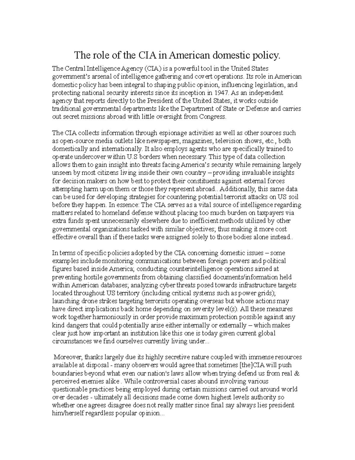 Th influence of CIA - The role of the CIA in American domestic policy ...