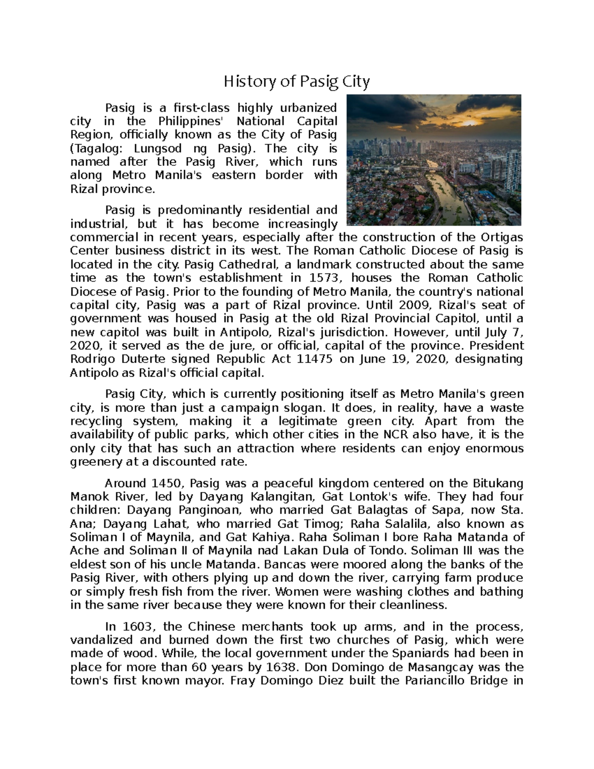 History of Pasig City - History of Pasig City Pasig is a first-class ...