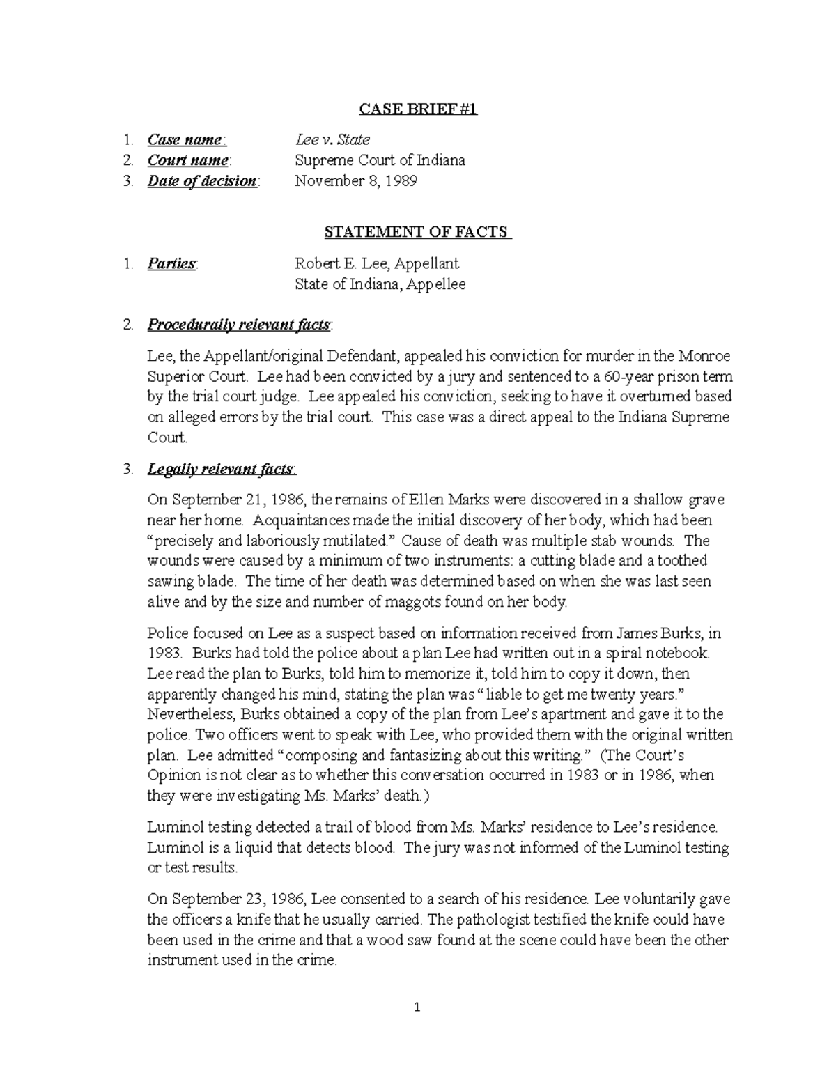 Case brief example - Note - CASE BRIEF Case name: Lee v. State Court ...