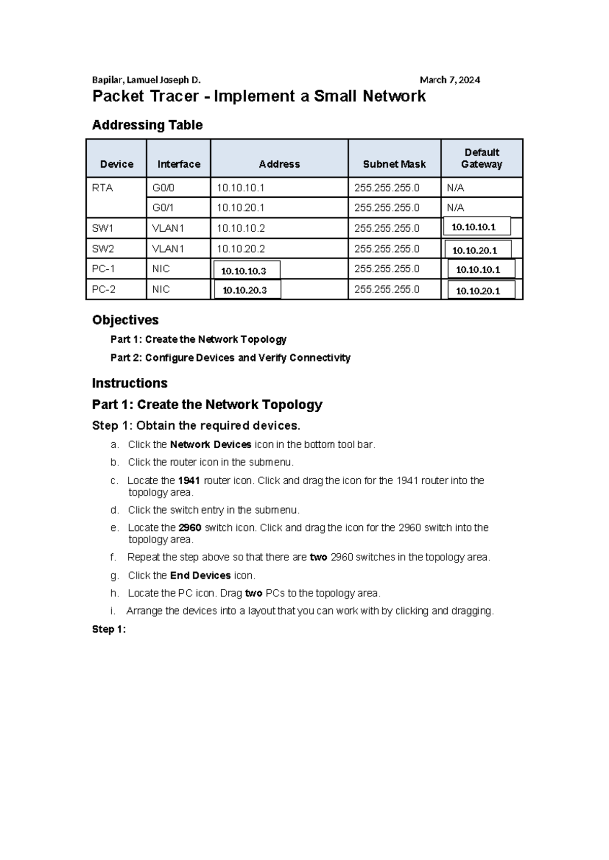 Bapilar 1.6.1 Packet Tracer - Implement a Small Network - Bapilar, Lamuel Joseph D. March 7 ...