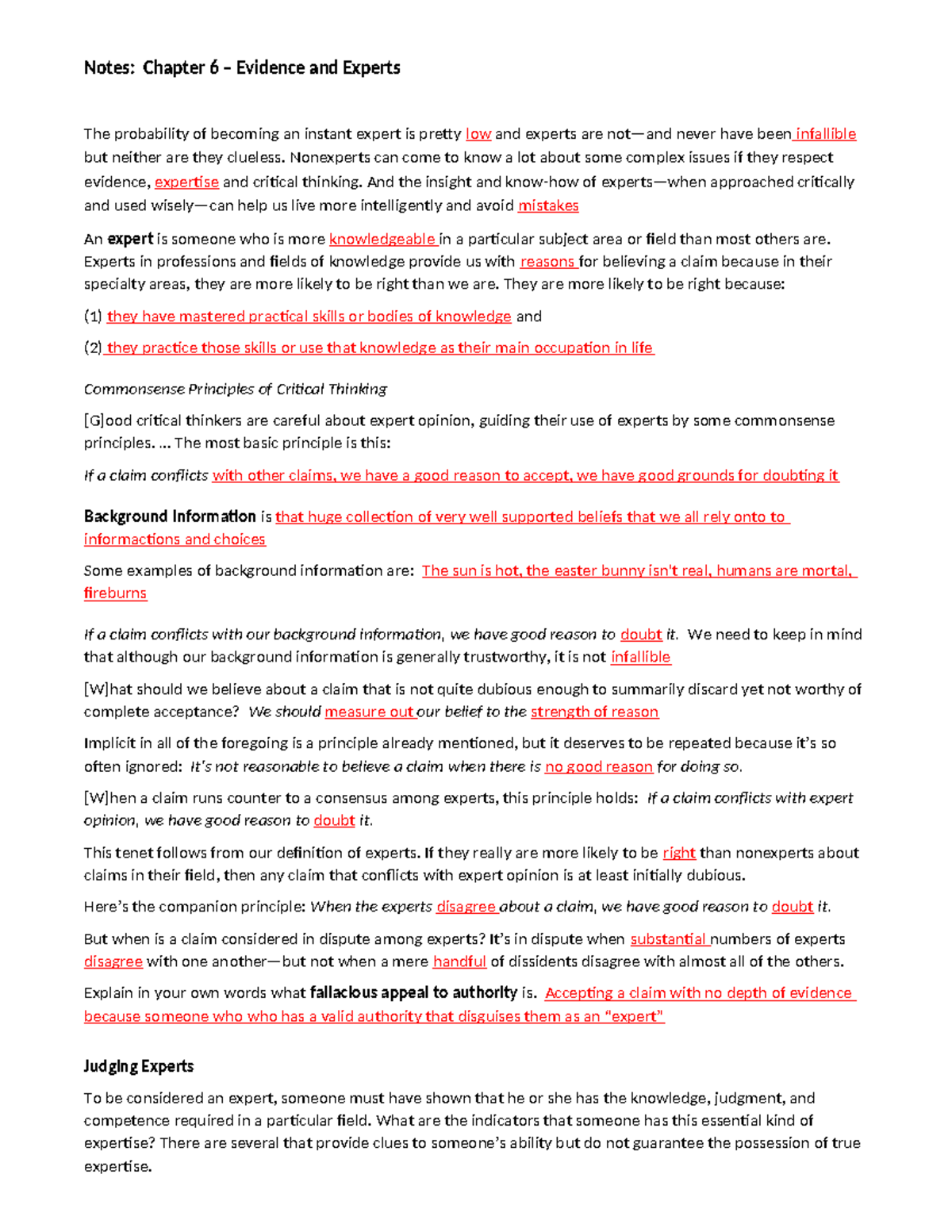 Notes Chapter 6 - Notes: Chapter 6 – Evidence and Experts The ...