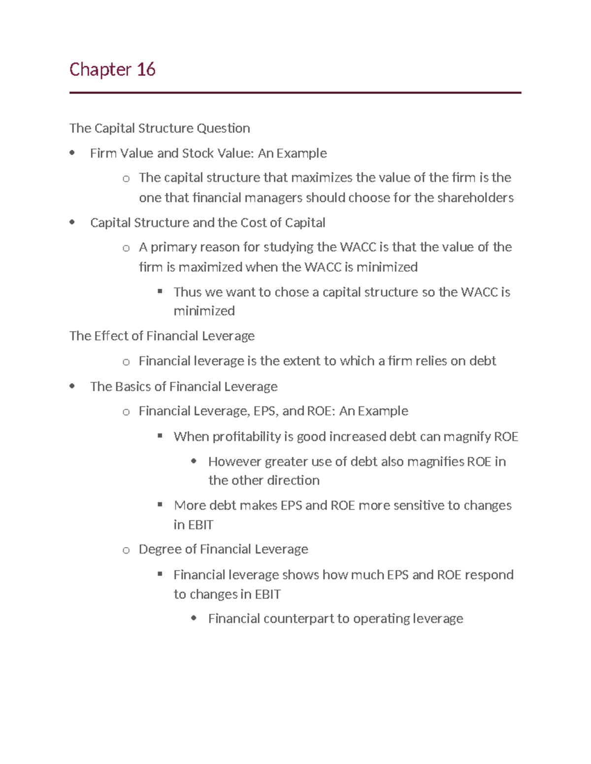 Chapter 16 - notes - Chapter 16 The Capital Structure Question Firm ...
