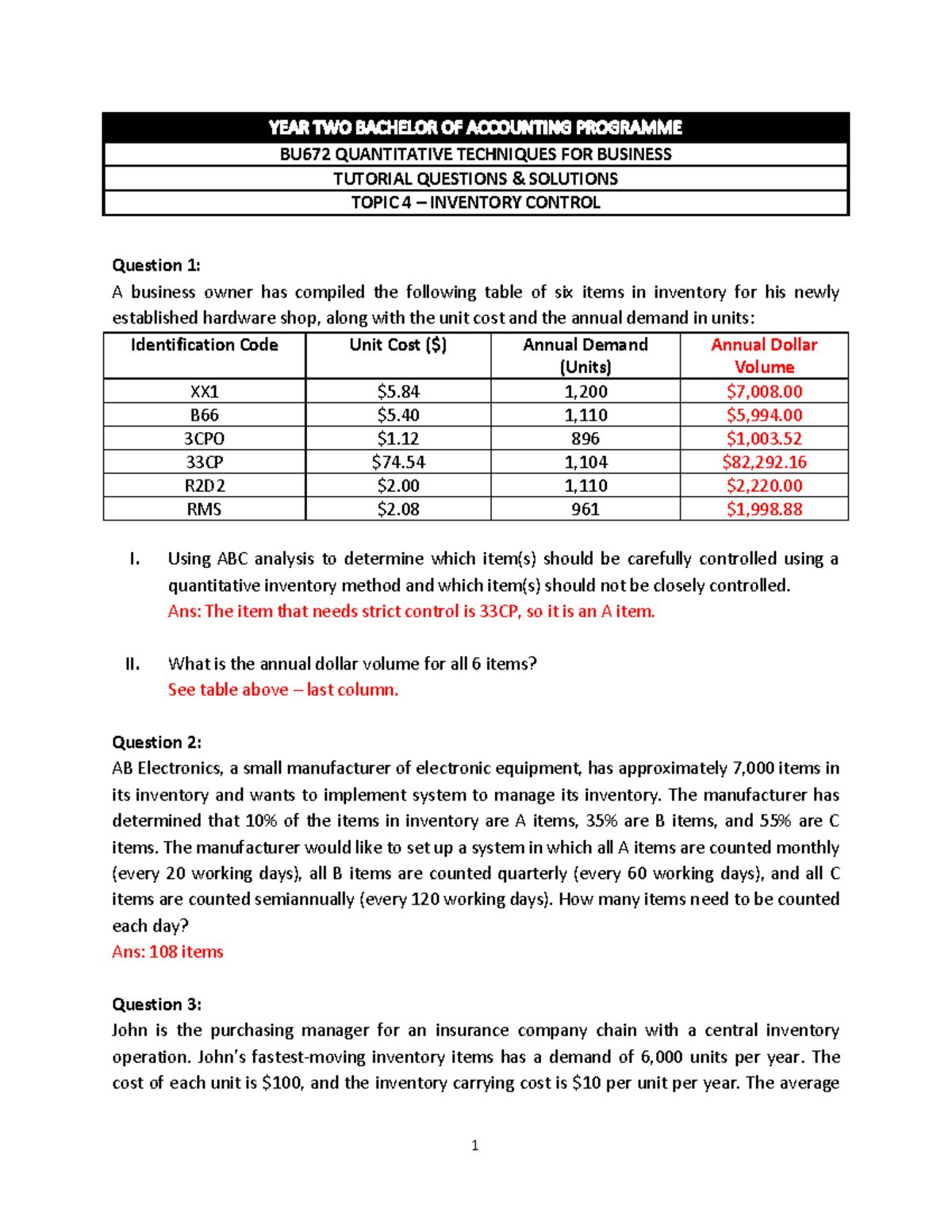 T 4 Inventory - QS and Solutions - 1 BU 672 QUANTITATIVE TECHNIQUES FOR ...