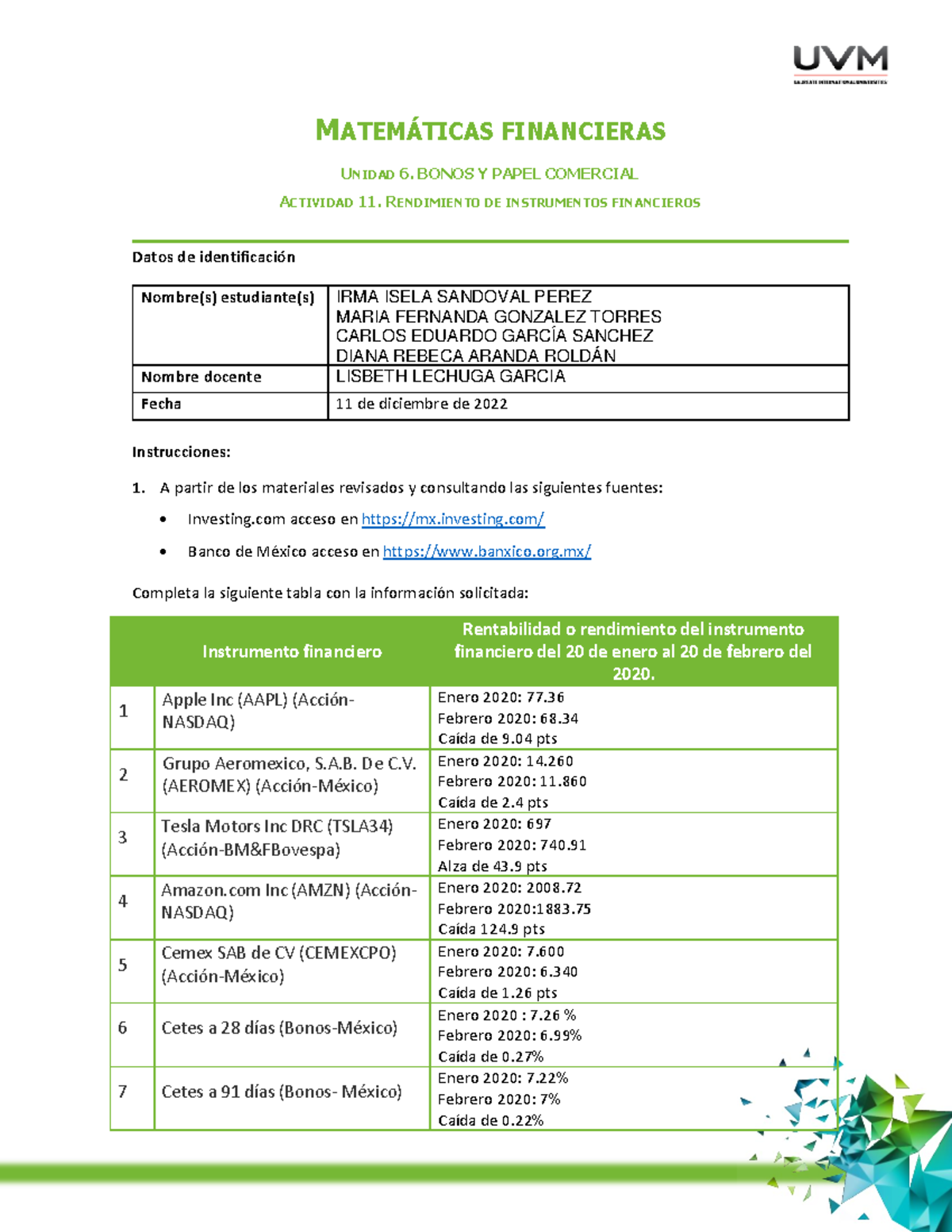 U6 Tabla Rendimiento A11 - MATEMÁTICAS FINANCIERAS UNIDAD 6. BONOS Y ...