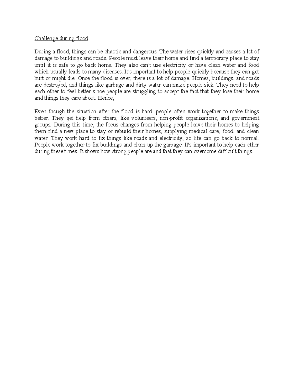 ELC231 Paragraph Writing - Challenge during flood During a flood ...