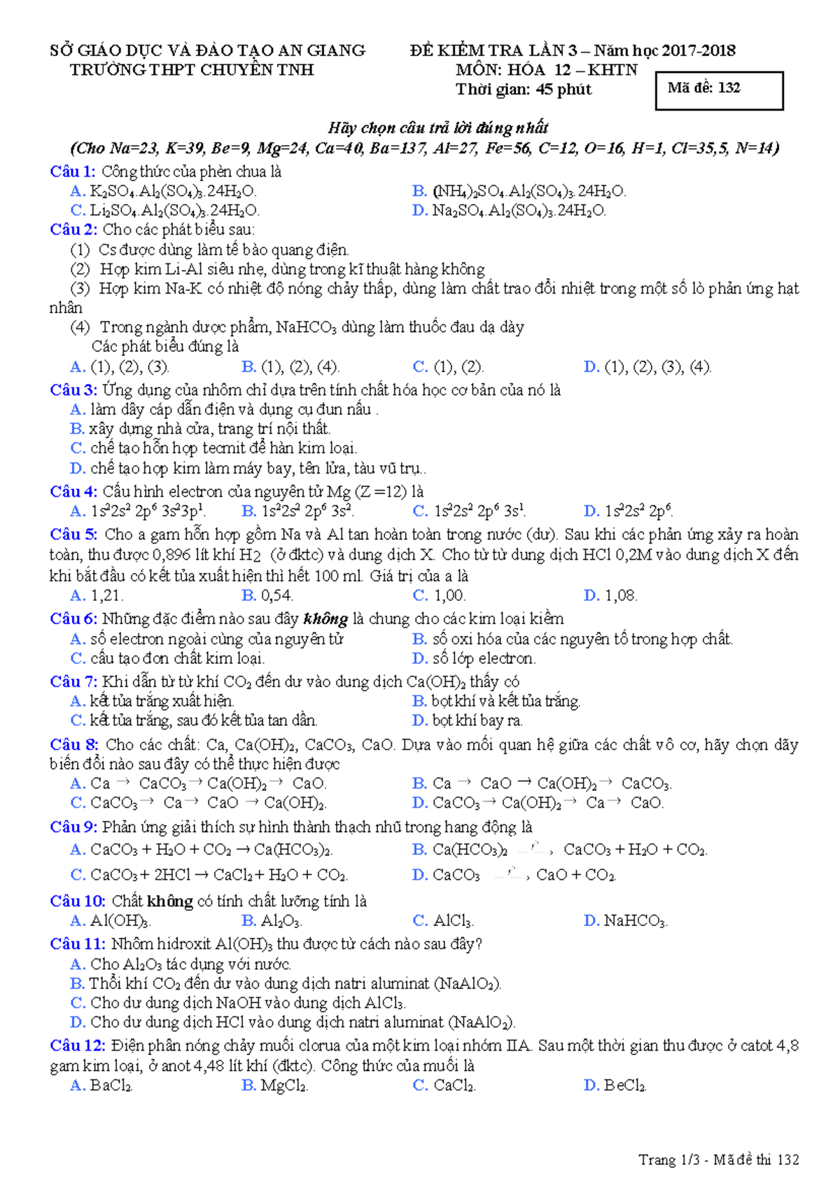 KT 45P-KHTN 012 132 - SỞ GIÁO DỤC VÀ ĐÀO TẠO AN GIANG ĐỀ KIỂM TRA LẦN 3 – Năm học 2017- TRƯỜNG ...