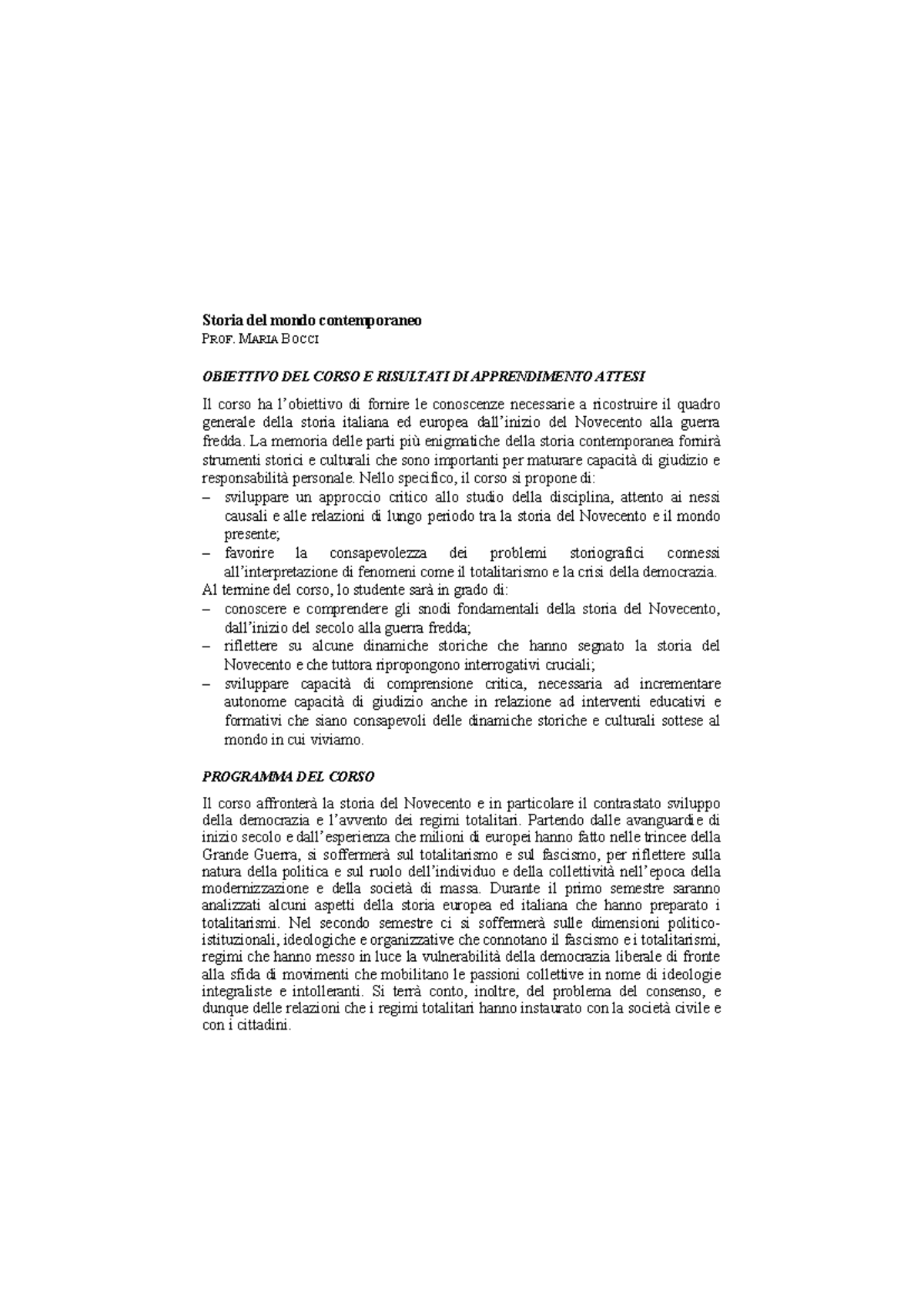 Storia del mondo contemporaneo - programma - Storia del mondo ...